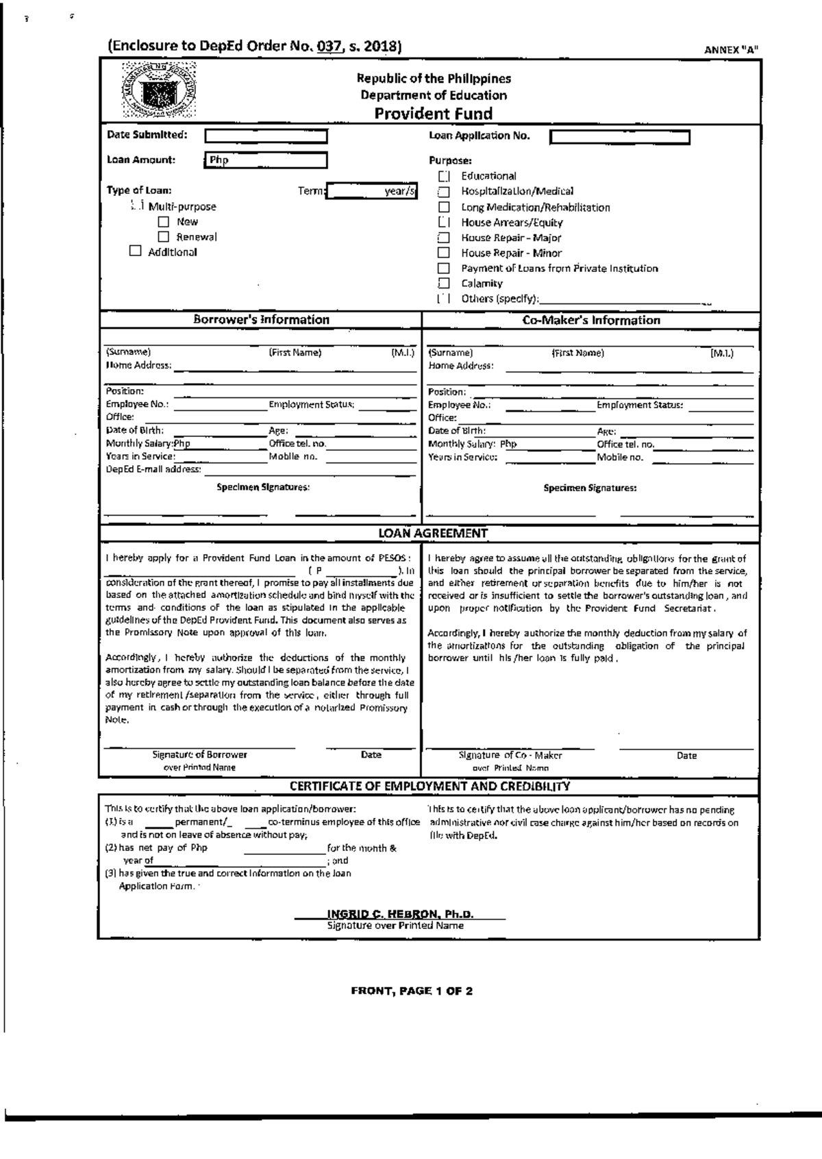 Provident fund form 2019 - (Enclosure to DepEd Order No. 037, S. 2018 ...