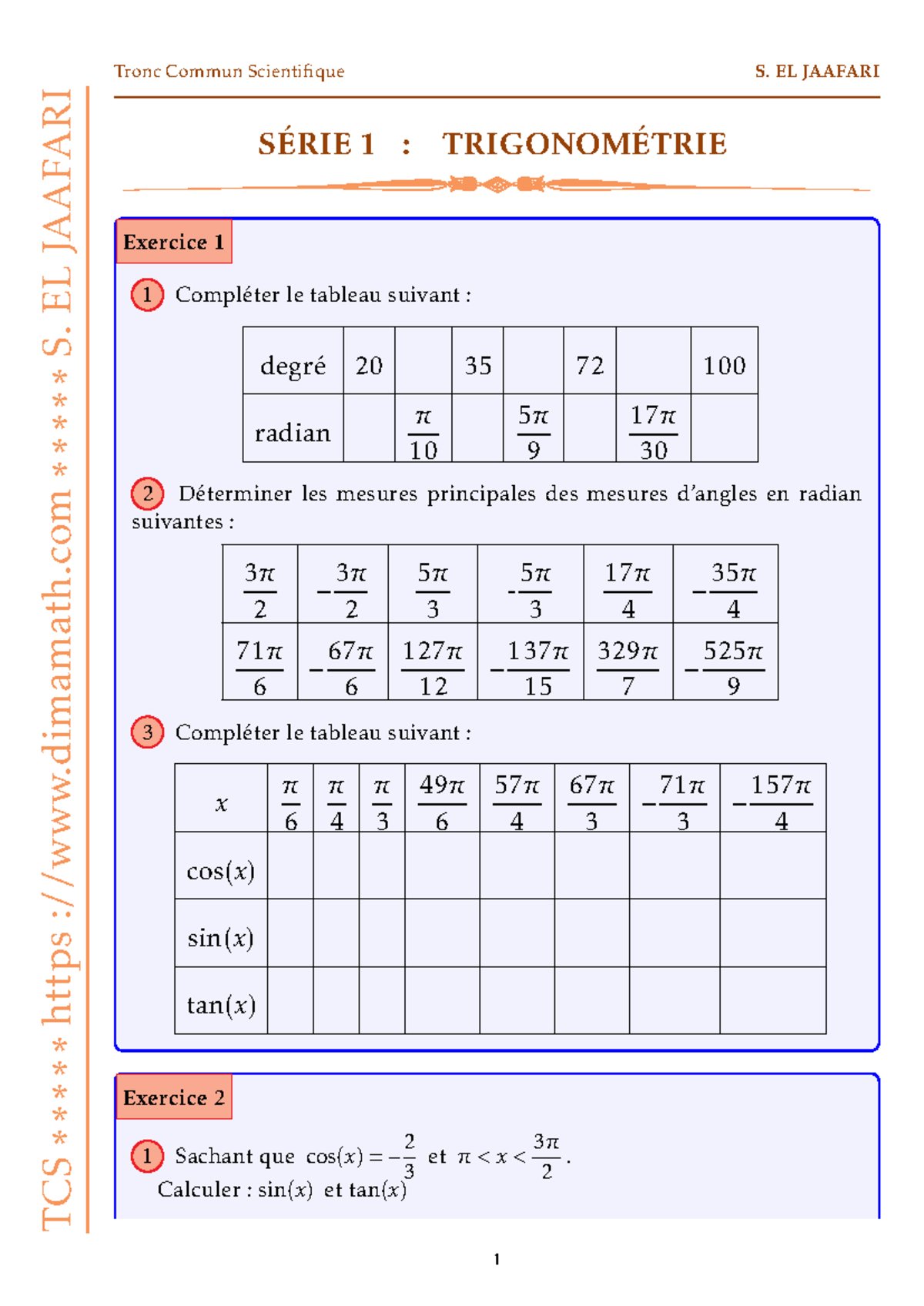 TCS - Trigonometry Exercises - Série 1 - S. EL JAAFARI - Studocu