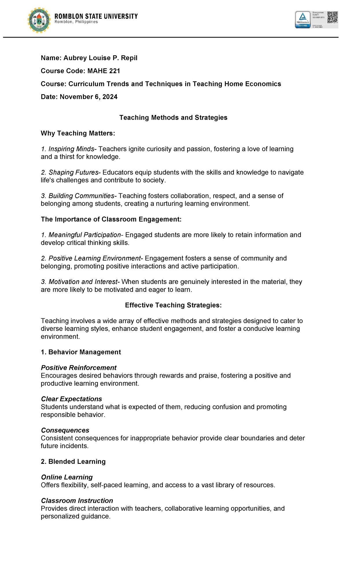 MAHE 221: Teaching Methods & Strategies in Home Economics - Studocu