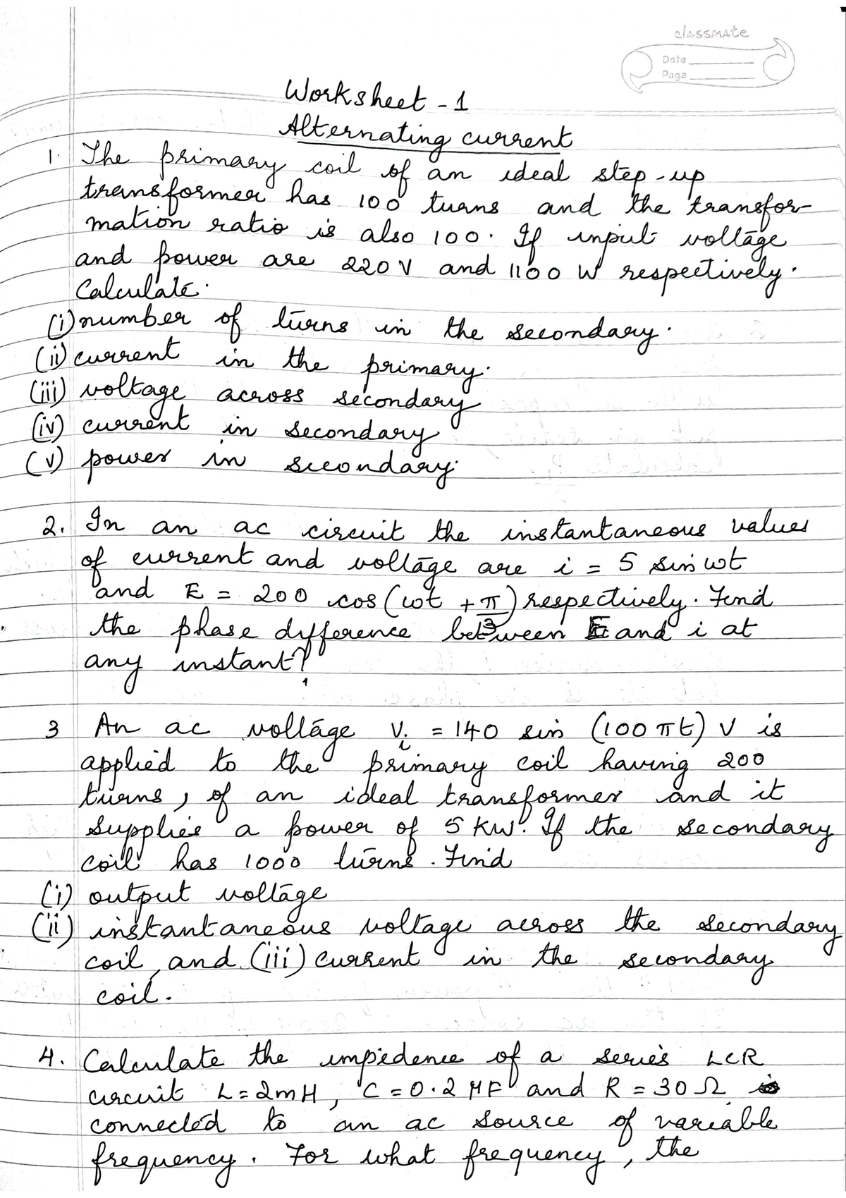 Alternating Current Worksheet - AC Circuit Calculations - Studocu