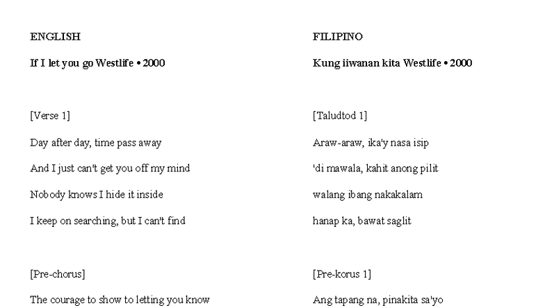 Kanta: If I Let You Go (Westlife) - ENGLISH & FILIPINO Lyrics - Studocu