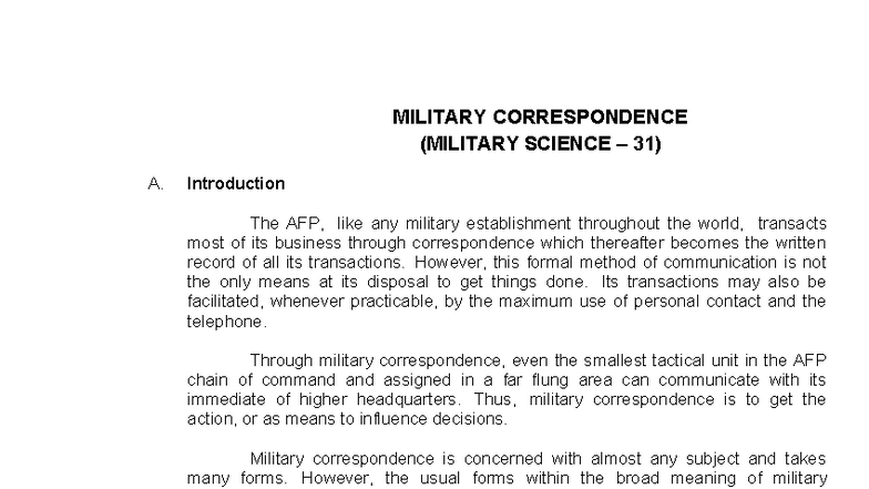 Military Correspondence Overview (MILITARY SCIENCE 31) - Studocu