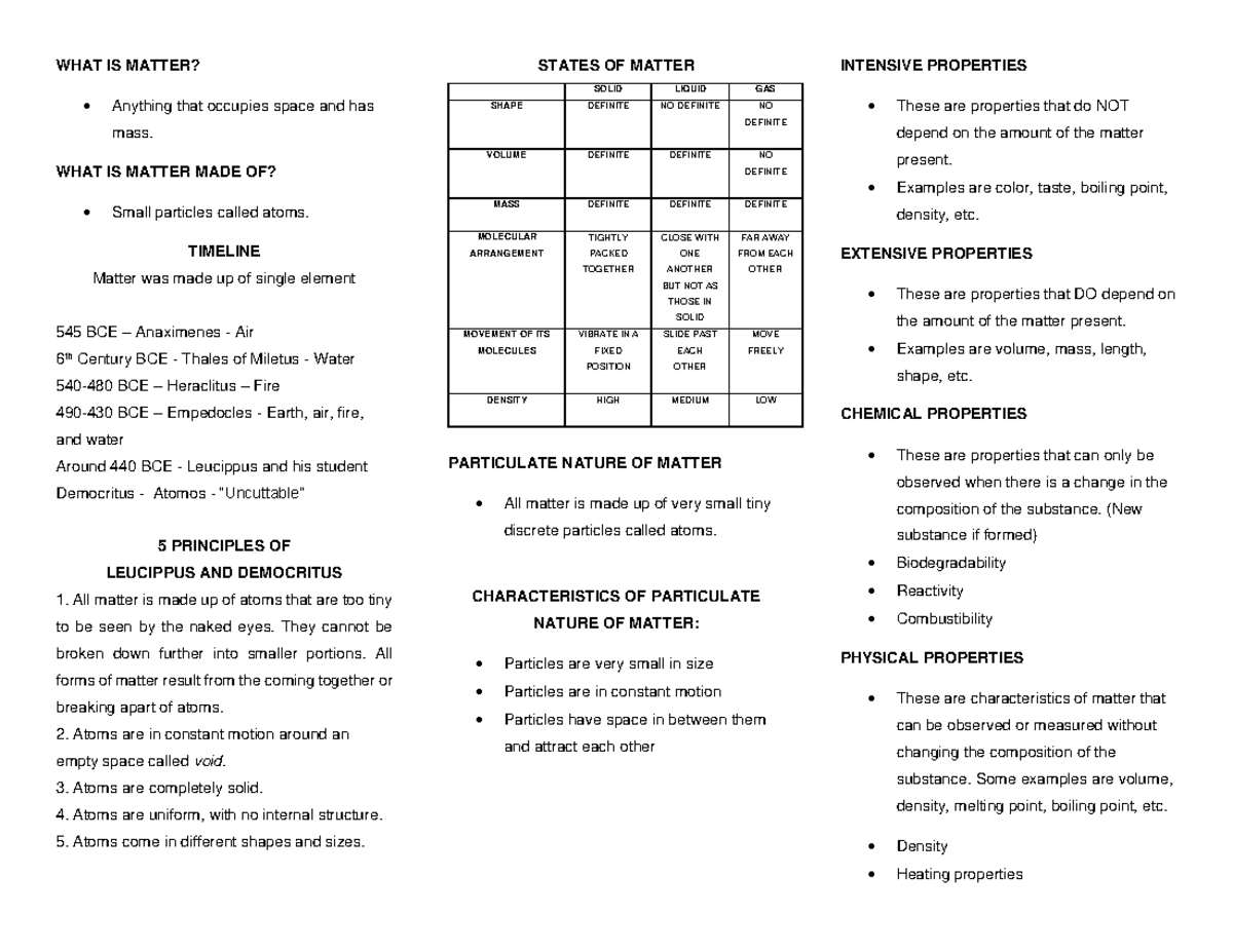 Notes Lesson 1 - WHAT IS MATTER? Anything that occupies space and has ...