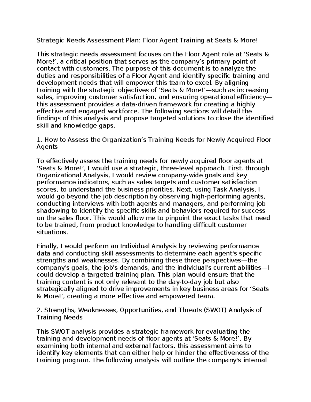 D353 Task 1: Strategic Needs Assessment for Floor Agent Training - Studocu