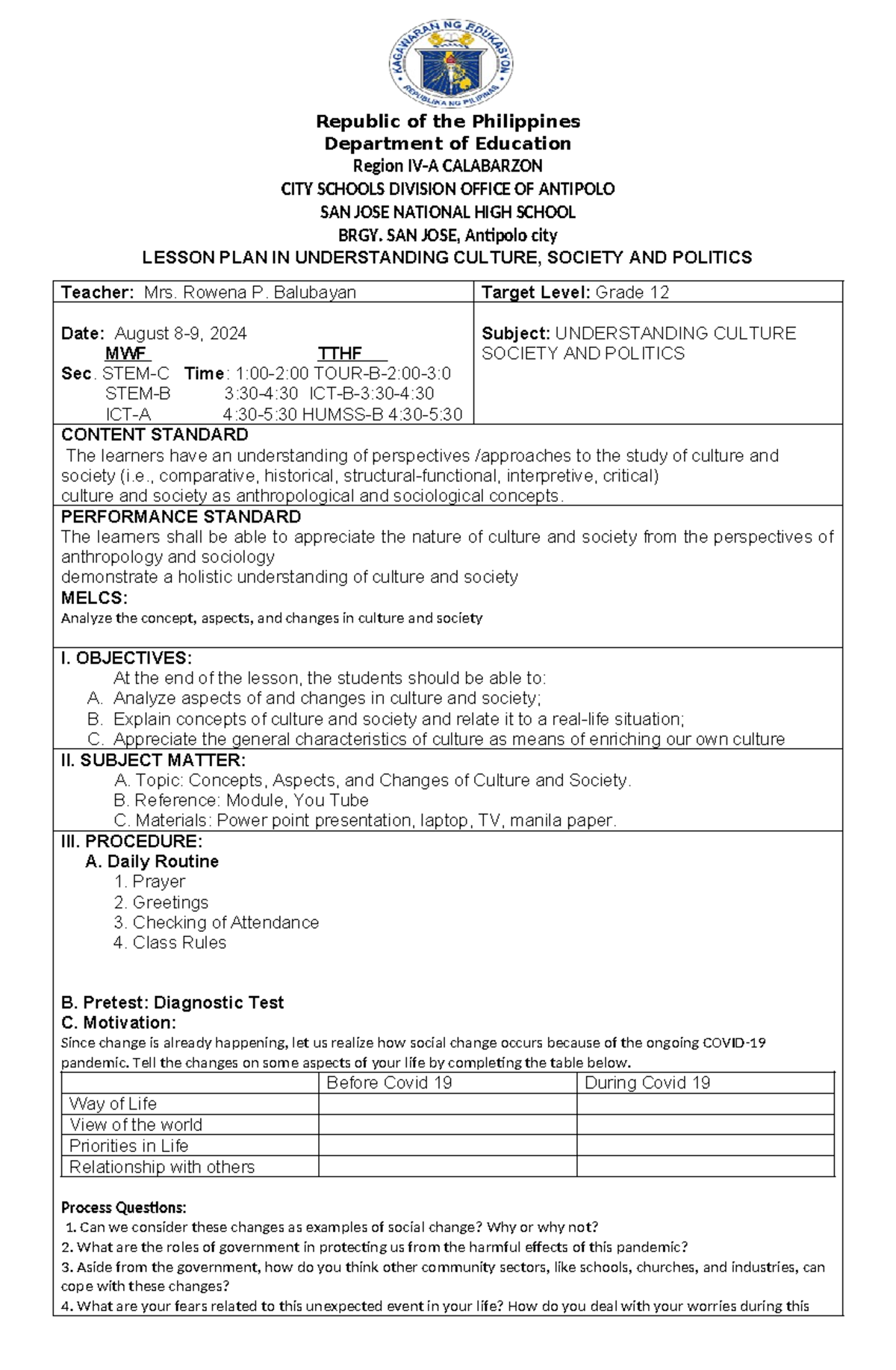 DLP-UCSP Lesson Plan on Culture, Society, and Politics - Grade 12 - Studocu