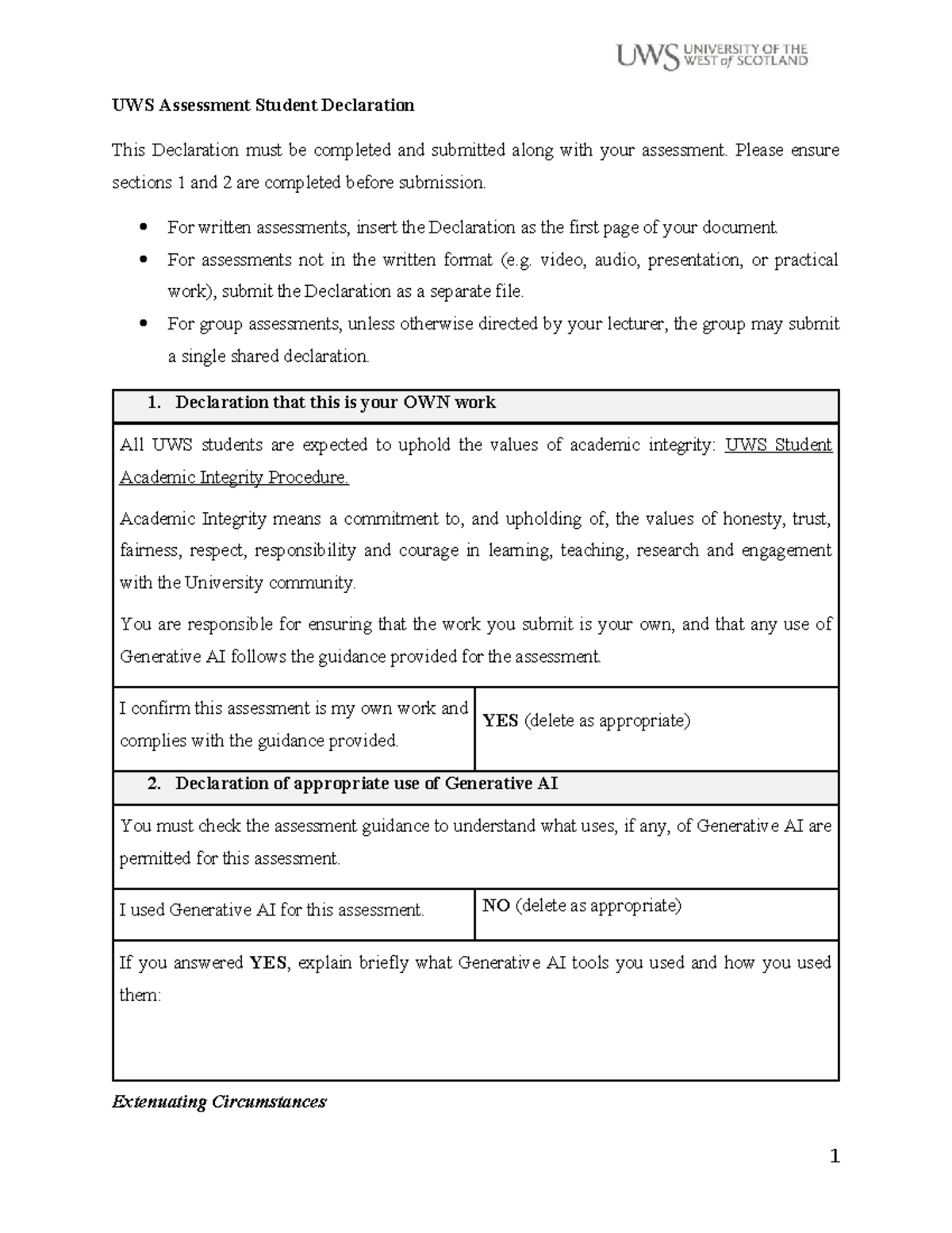 UWS Assessment Declaration and Change Management Guidelines - Studocu