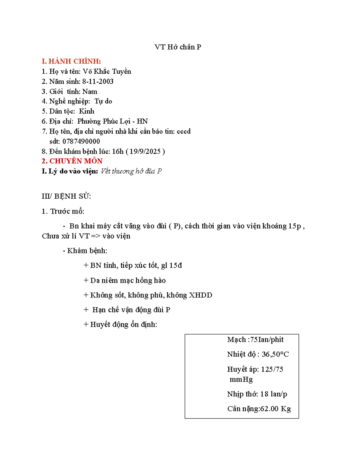 Bản sao bệnh án VT Hở chân P - Võ Khắc Tuyền - CTCH - Studocu