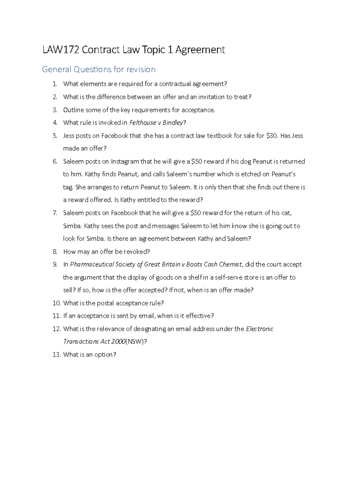 LAW172 Contract Law Topic 1 Tutorial Questions for T2 2025 Revision ...