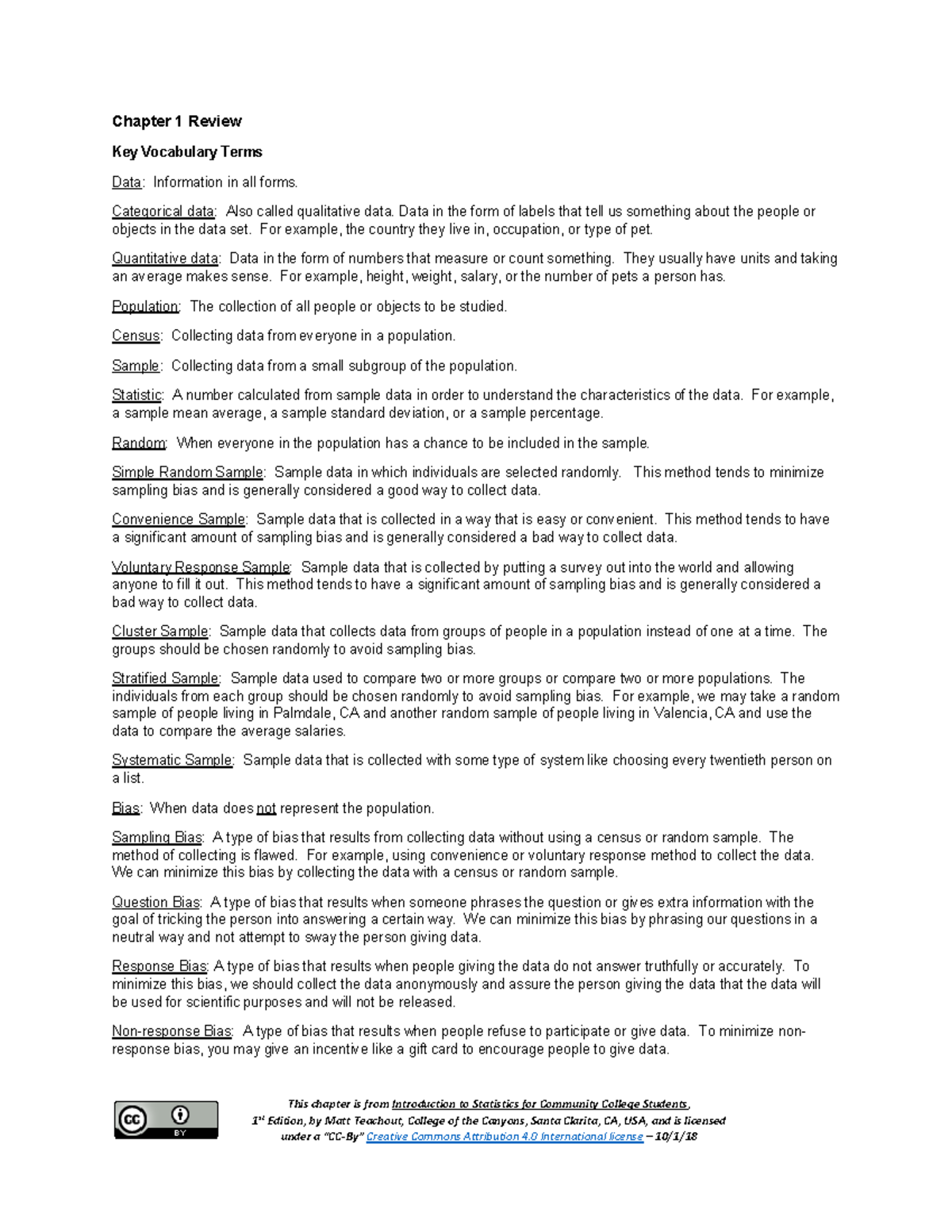 Chapter 1 Review: Key Vocabulary & Concepts in Statistics (STAT 101) - Studocu
