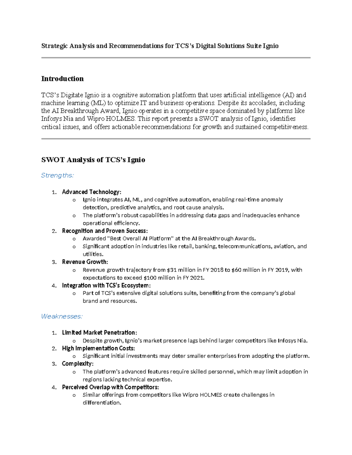Strategic Analysis & Recommendations for Ignio's Growth (TCS) - Studocu
