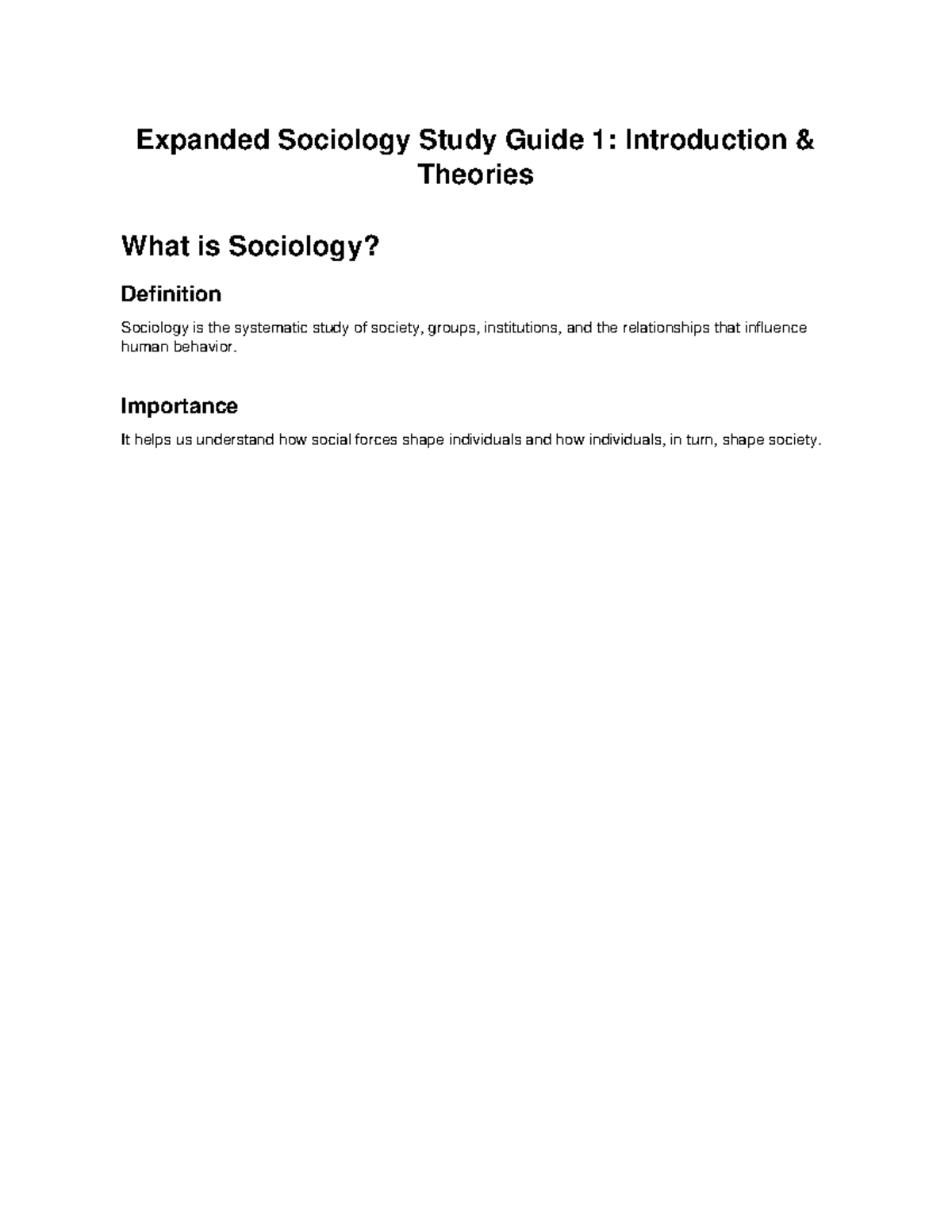Sociology Guide 1: Expanded Study of Key Theories and Concepts - Studocu