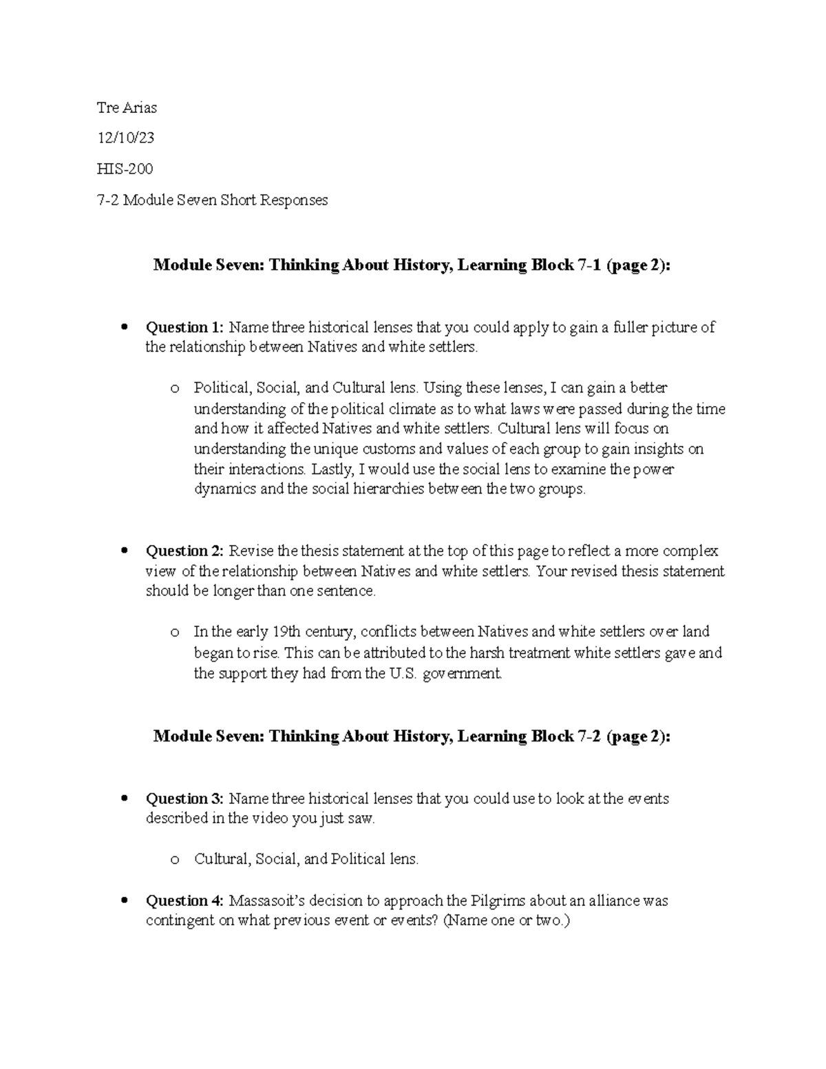 HIS-200 Module 7 Short Response Reflections and Analysis - Studocu