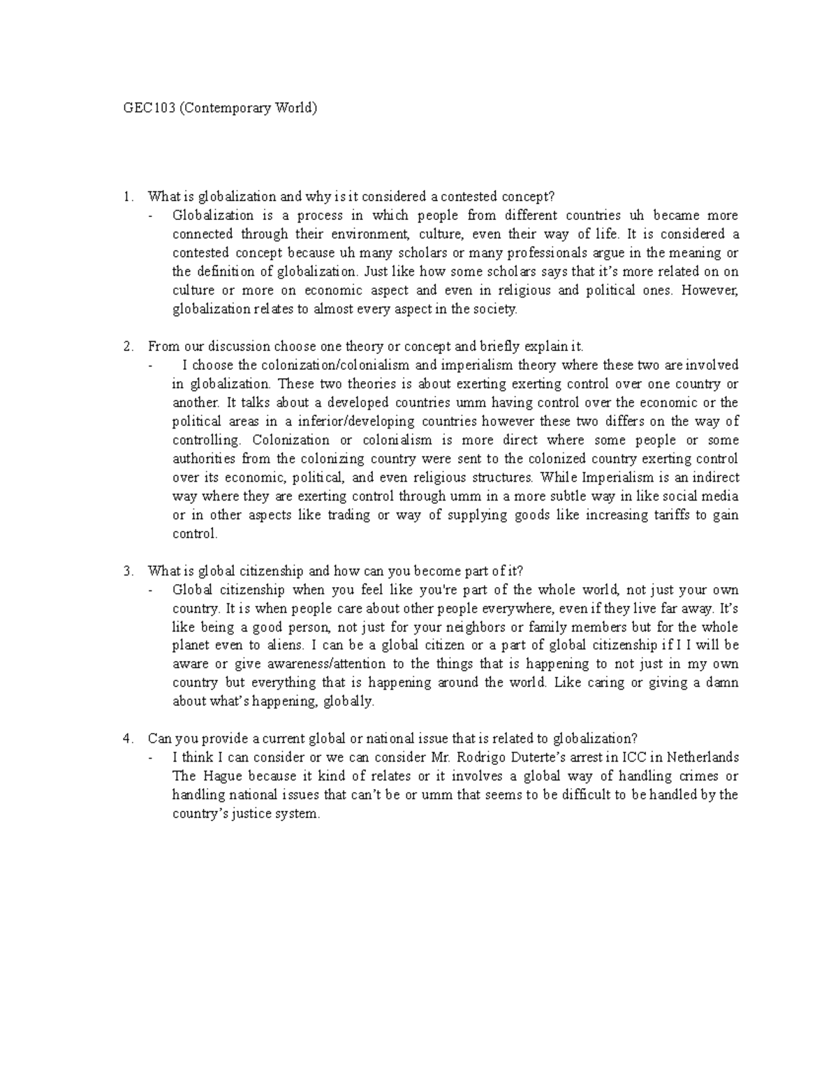 GEC103 Contemporary World: Globalization and Its Contested Nature - Studocu