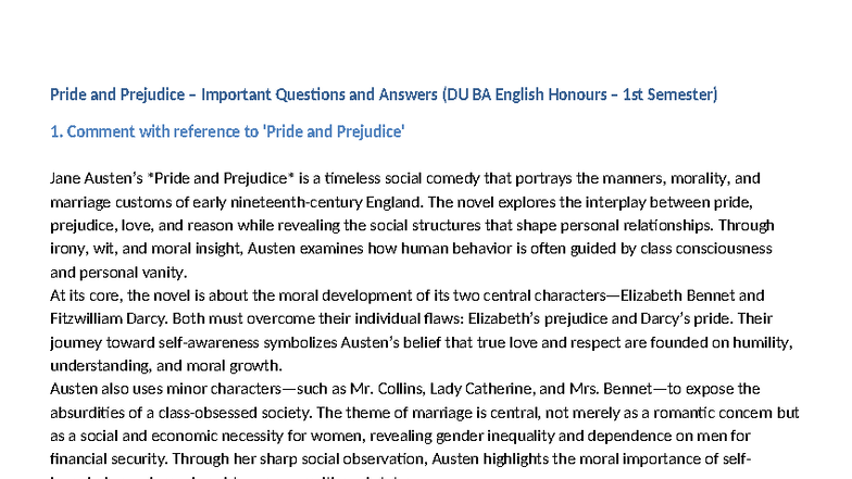 Pride and Prejudice: Key Questions & Insights (DU BA English Honours ...