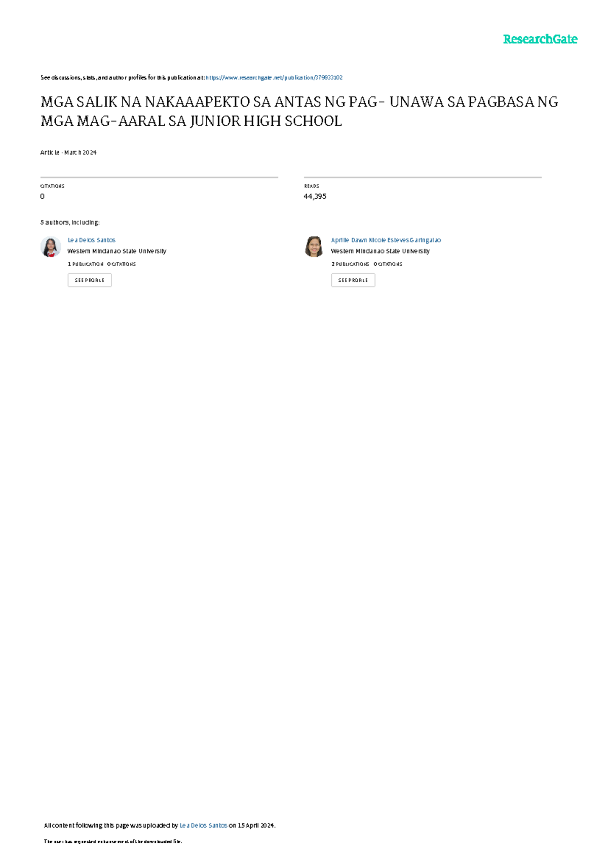 MGA SALIK NA NAKAAAPEKTO SA PAG-UNAWA SA PAGBASA NG MGA MAG-AARAL SA JUNIOR HIGH SCHOOL (JHS ...