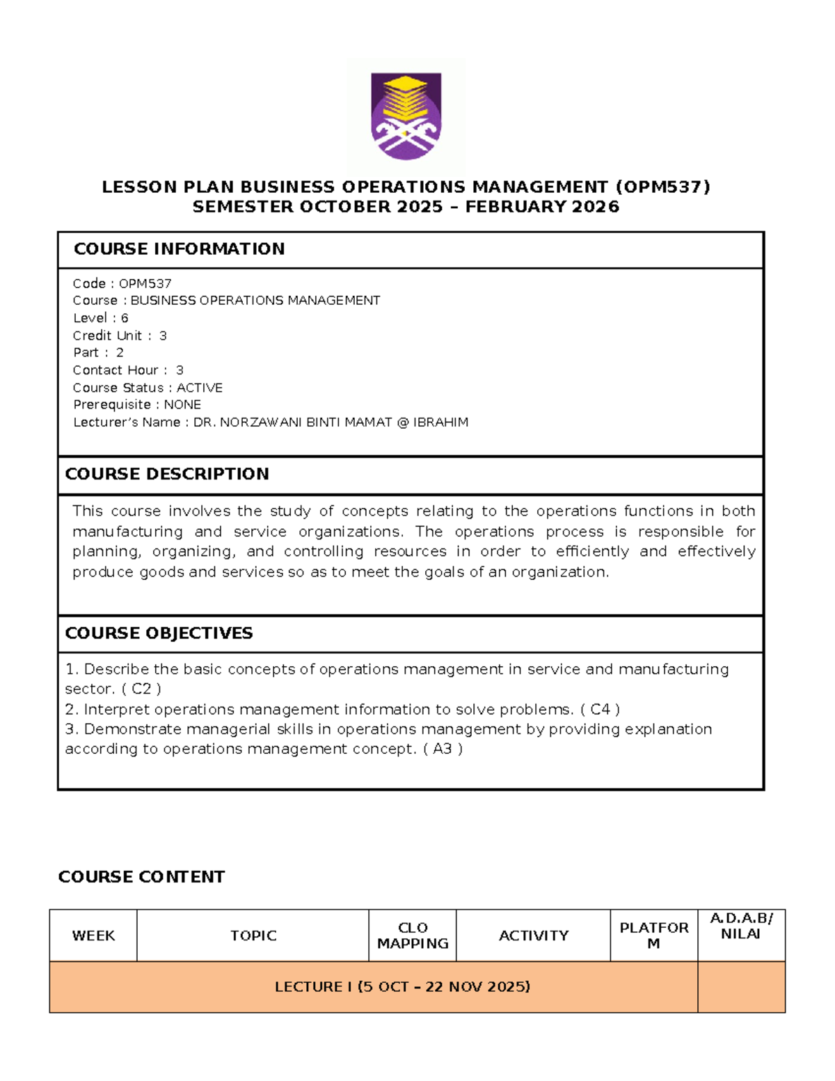 Lesson Plan for Business Operations Management (OPM537) 2025-2026 - Studocu