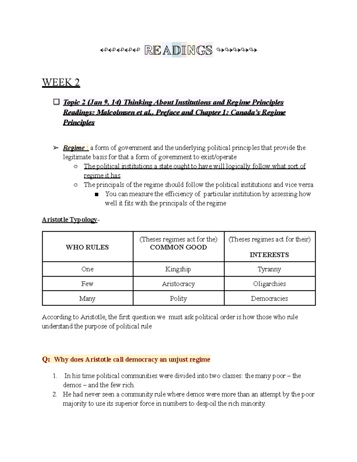 Polsci 2D03 Week 2 & 3 Readings: Institutions and Regime Principles ...