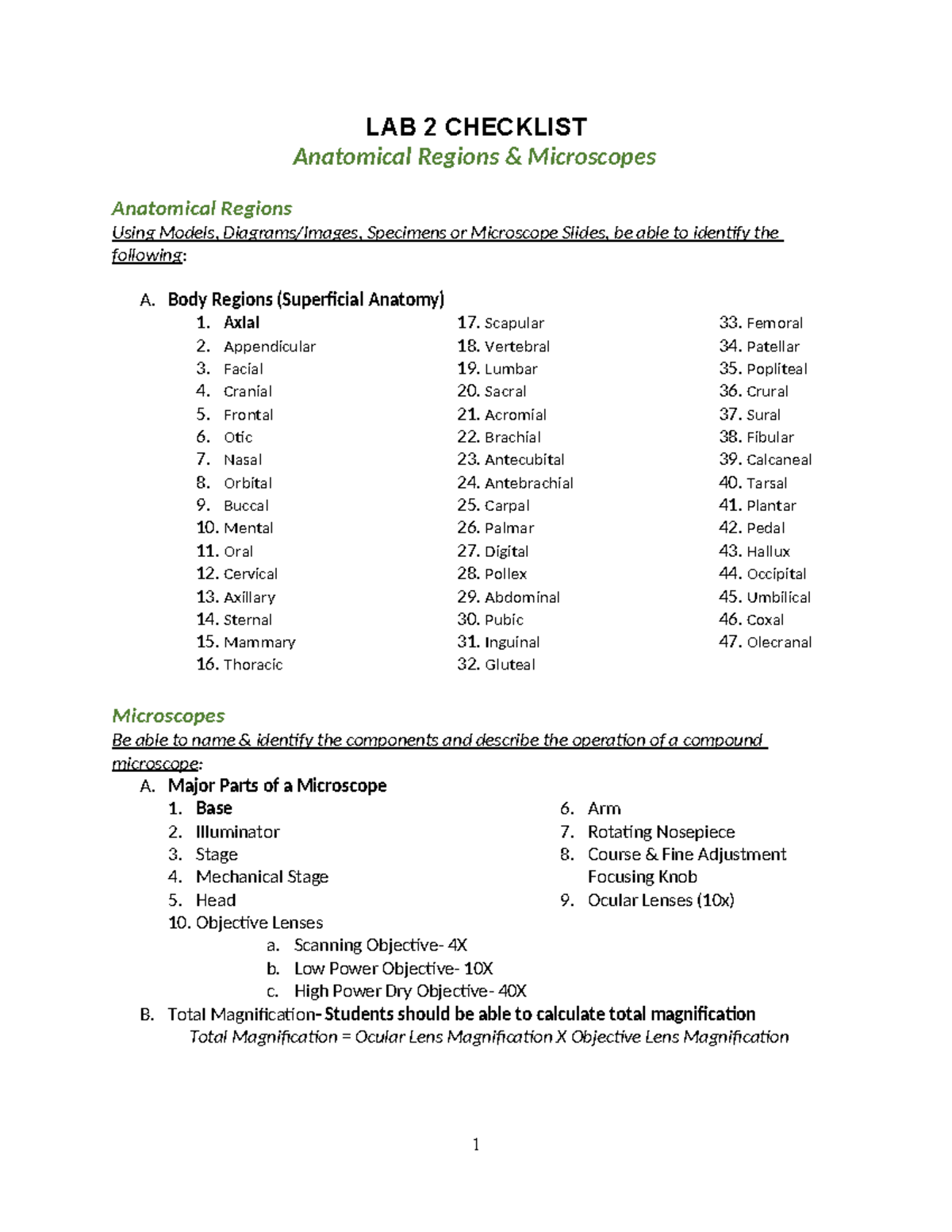 LAB 2 CHECKLIST: Anatomical Regions & Microscopes Overview - Studocu