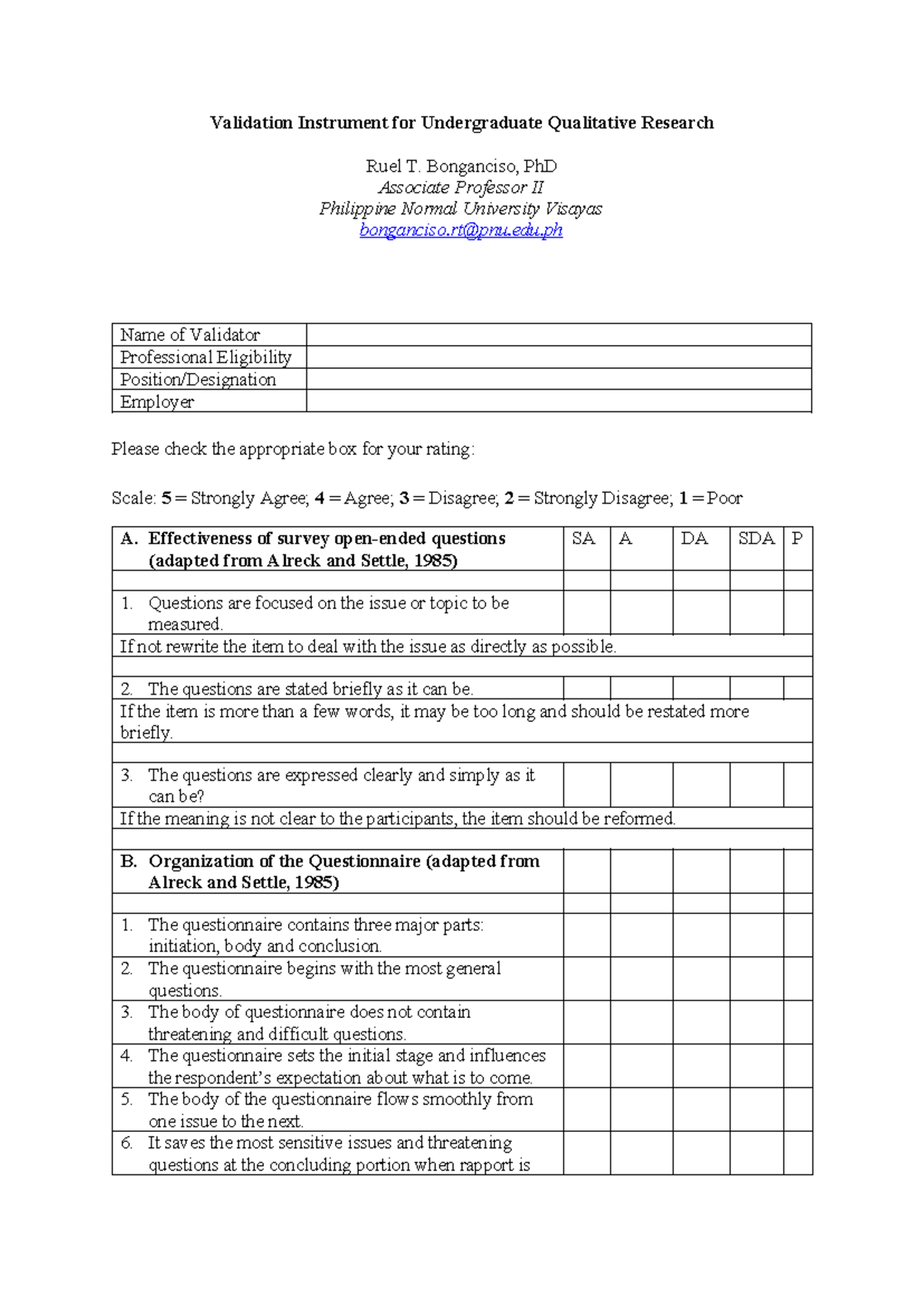 Validation Instrument for Undergrad Qualitative Research Study - Studocu
