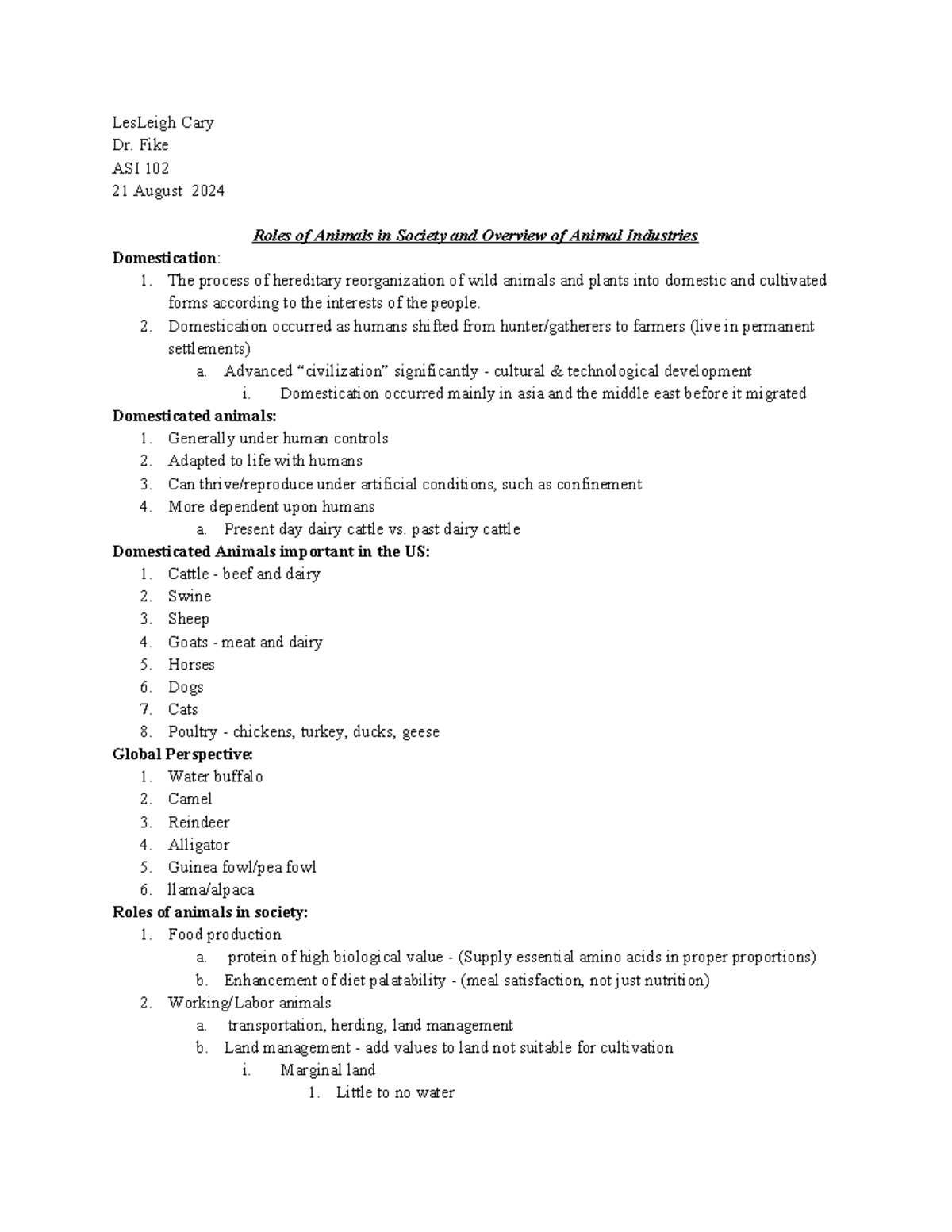 ASI 102 - Overview of Animal Industries and Their Societal Roles - Studocu