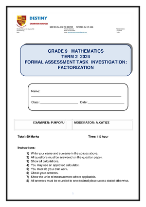 Grade 11 Mathematics assignment Term 2 2024 - CAPS-Grade 11 MARKS: 100 TIME: 2 HOURS This ...