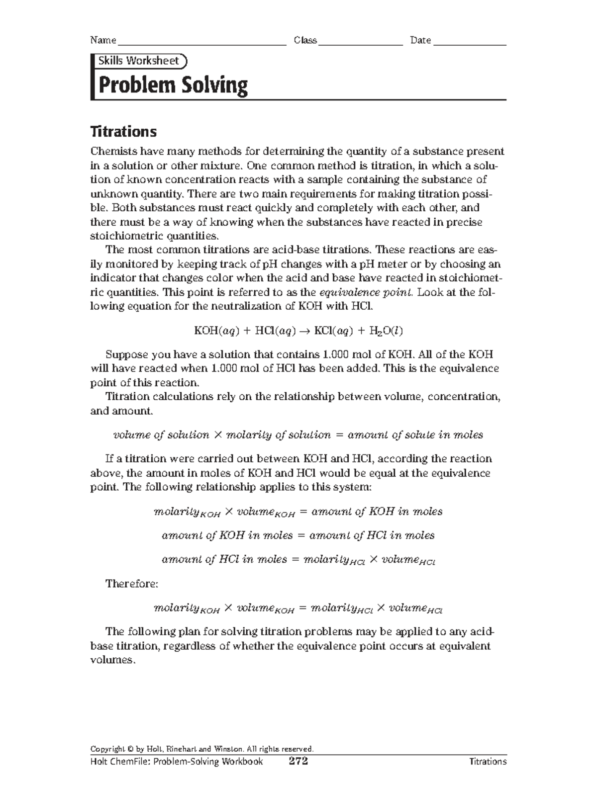 Titration Problems Worksheet Chemistry 331 Skills Review Studocu
