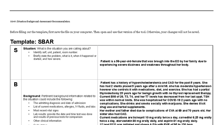 SBAR Template: Part B - Stroke Assessment and Background - Studocu