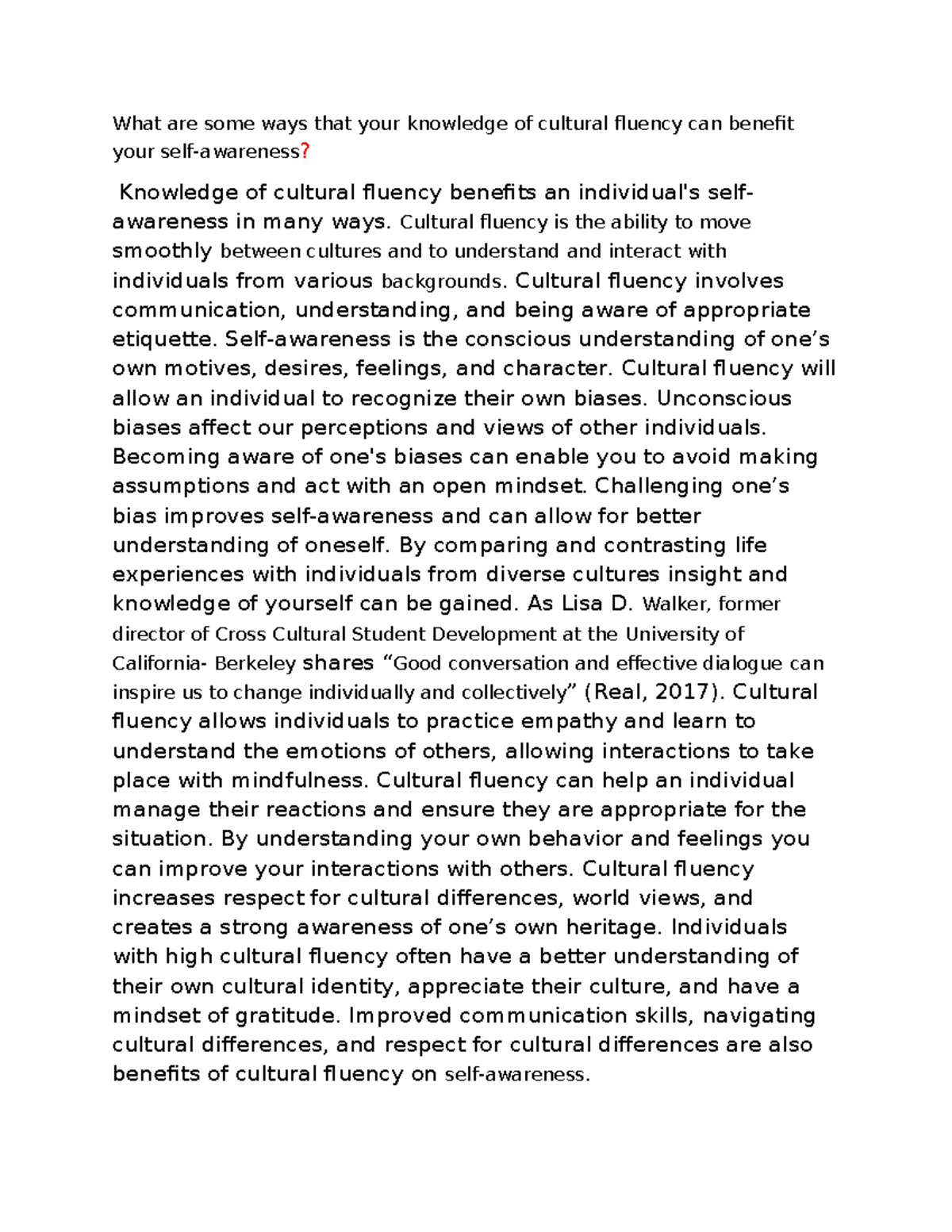 IDS 105 Discussion 3: Enhancing Self-Awareness Through Cultural Fluency ...