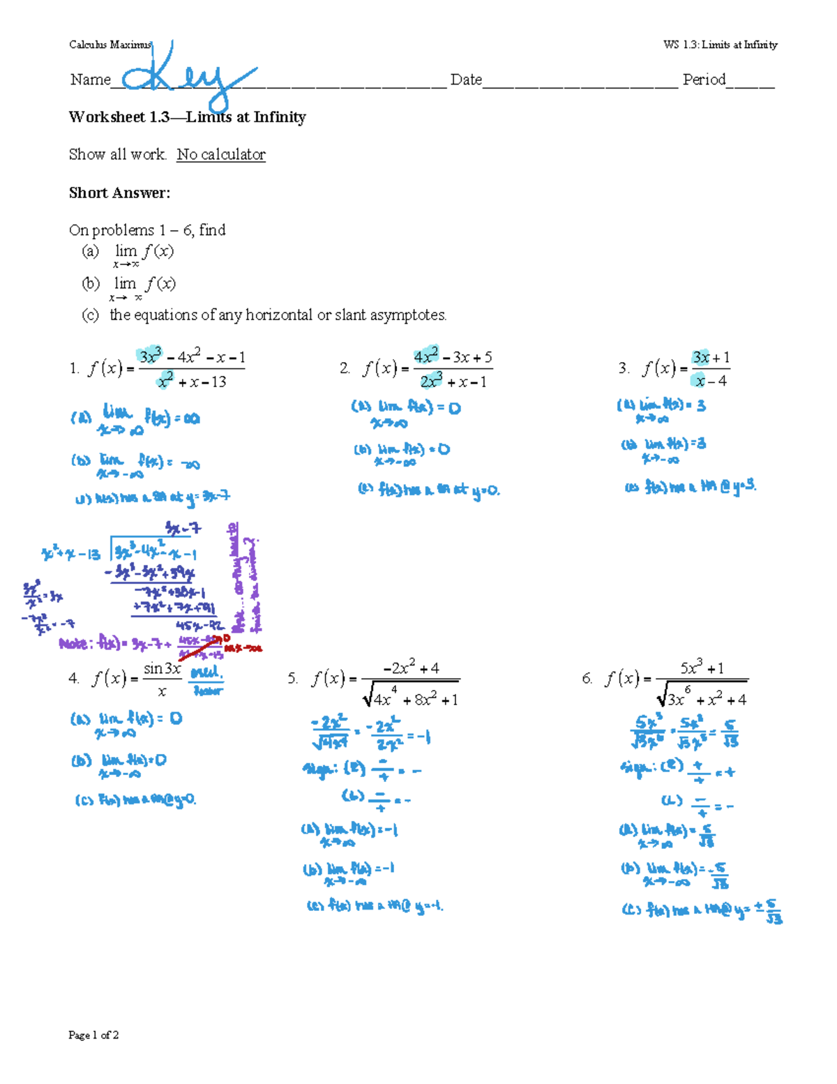 Calculus Maximus WS 01.3: Limits at Infinity Worksheet Key - Studocu