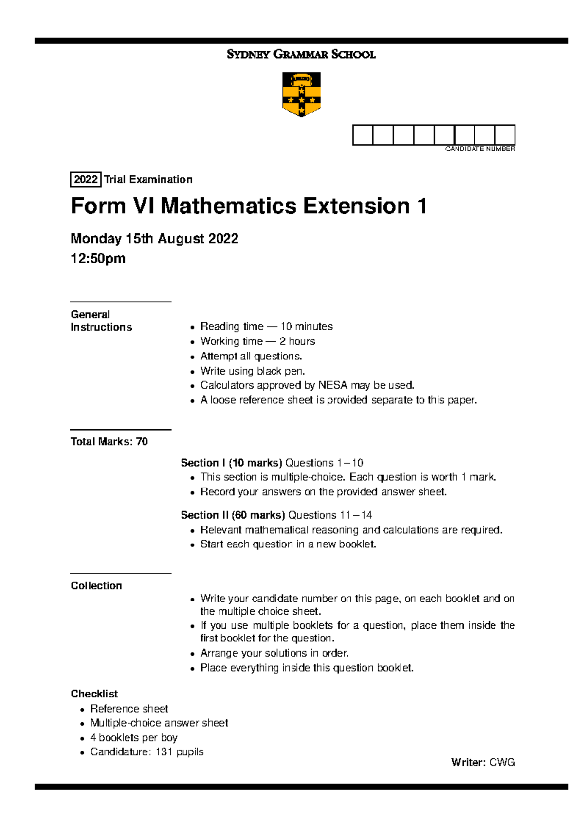 Form VI Mathematics Extension 1 Trial Exam Solutions - August 2022 ...