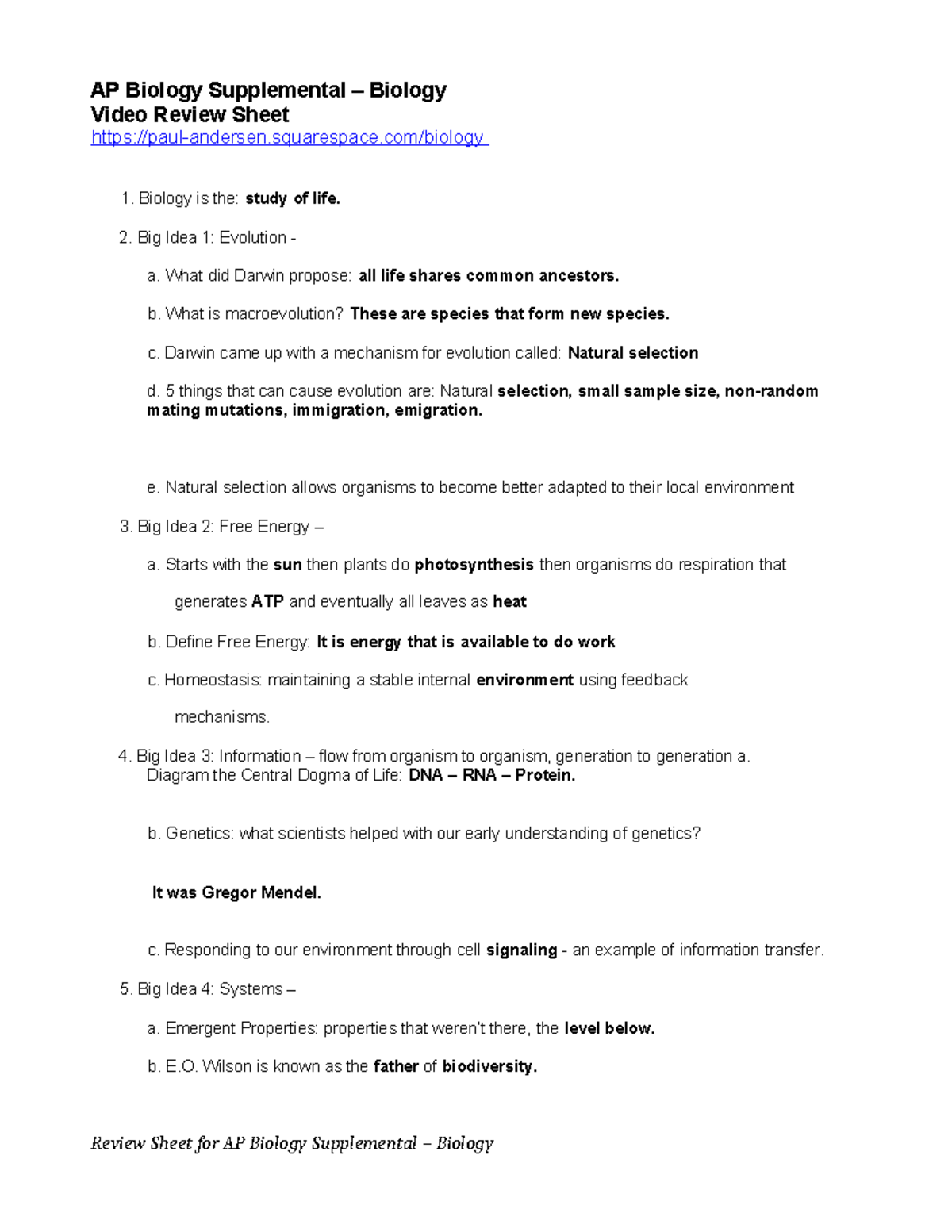 AP Bio Supplemental Review: Key Concepts & Big Ideas - Studocu