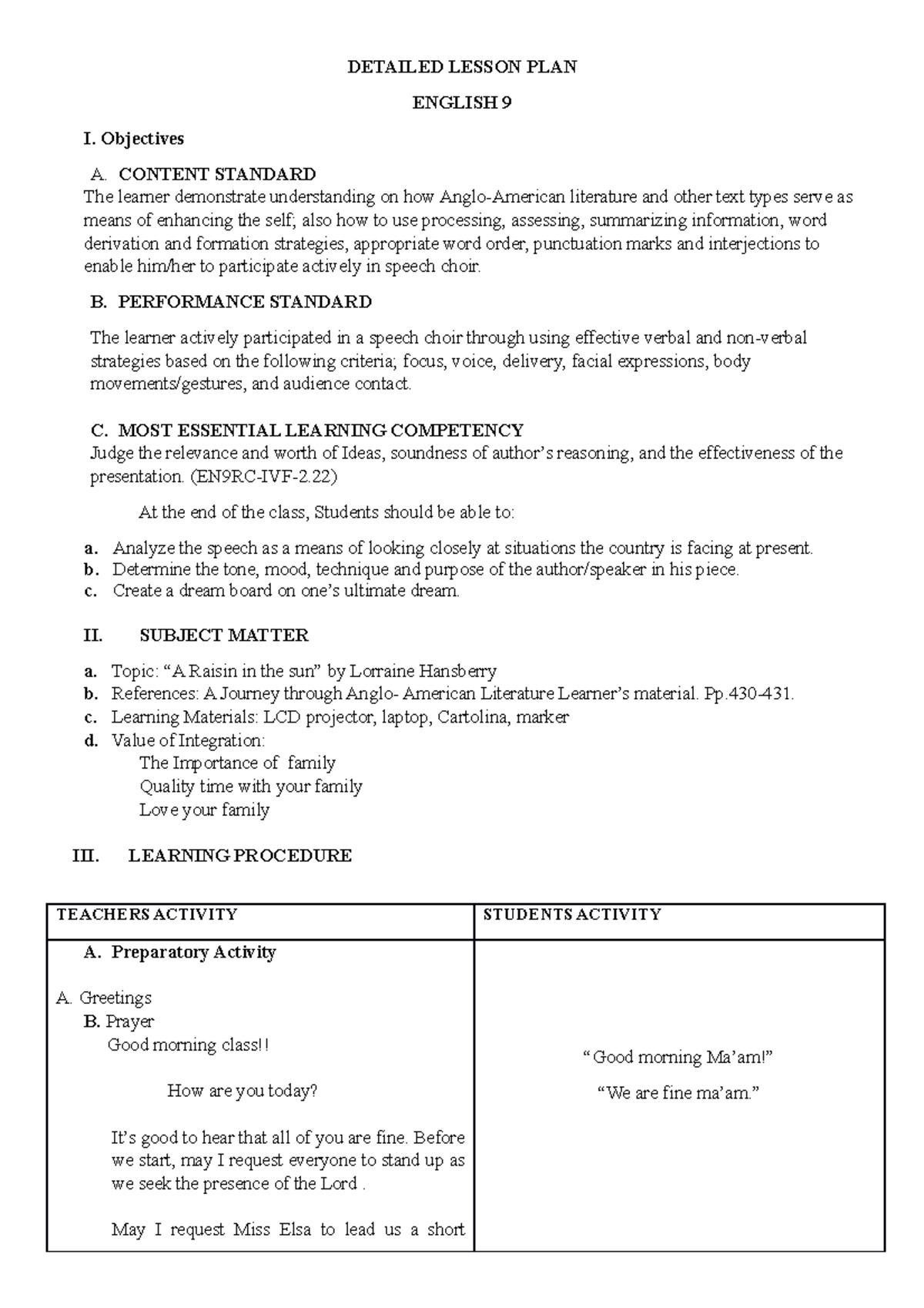 A Raisin IN THE SUN - Sample DLP - DETAILED LESSON PLAN ENGLISH 9 I ...