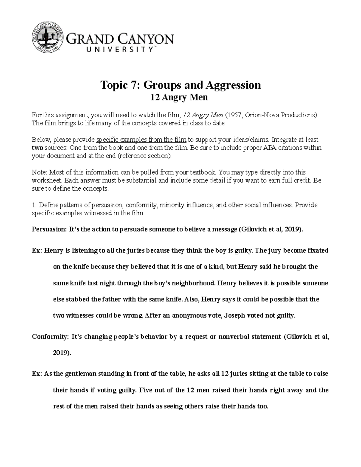 PSY362 12 Angry Men the movie and assigned worksheet - Topic 7: Groups ...