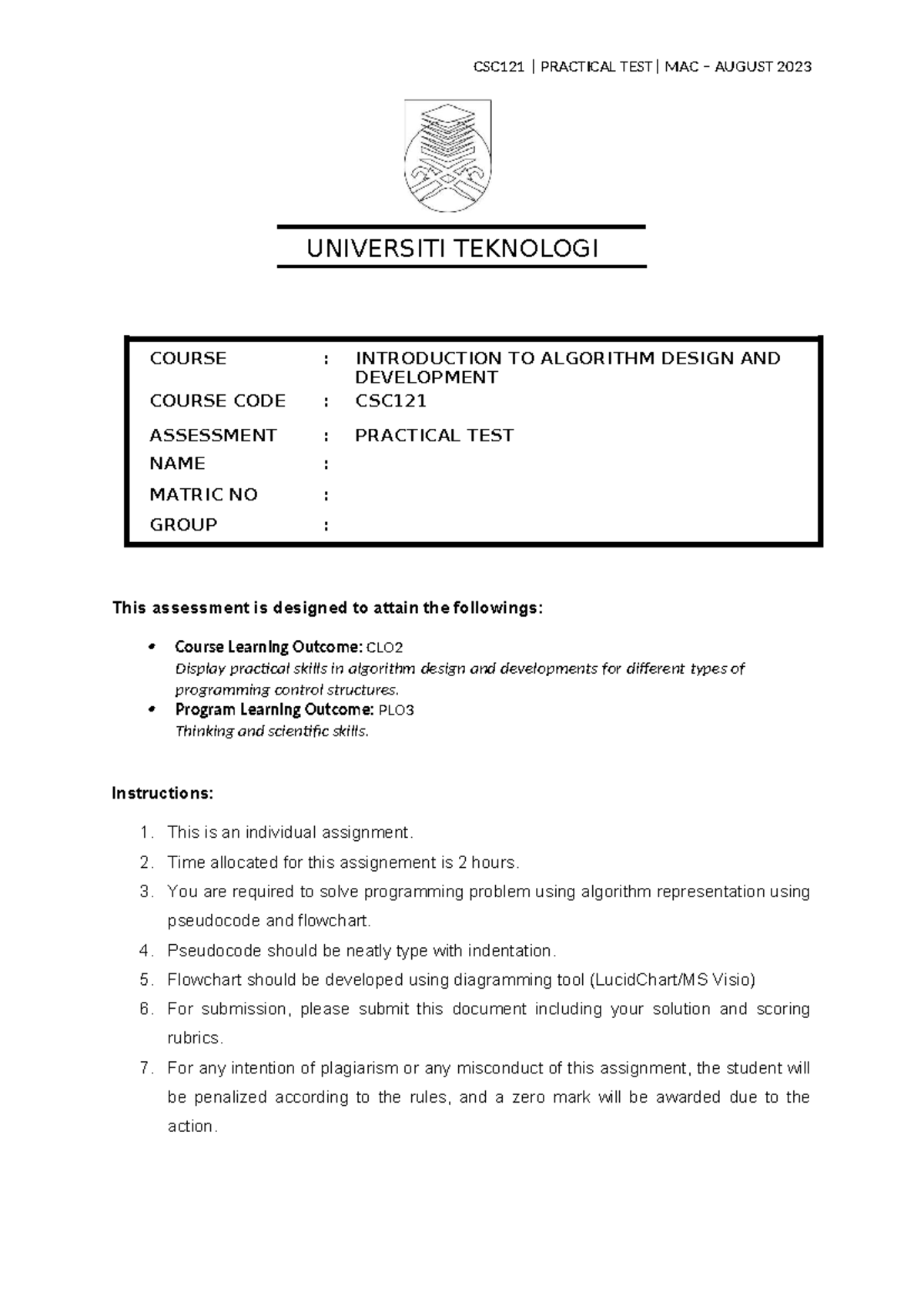 QUE CSC121 Sample Practical Test 20232 - COURSE : INTRODUCTION TO ...