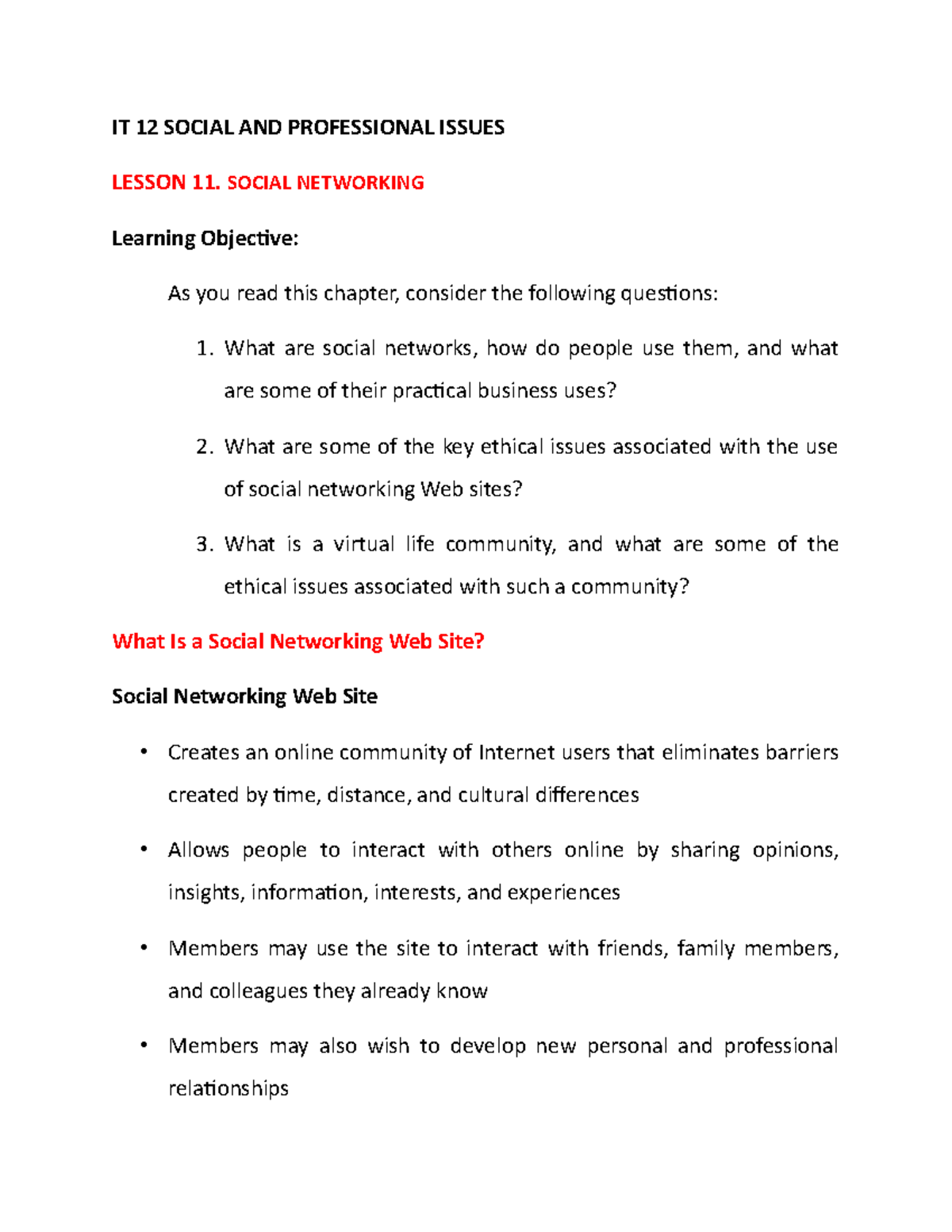 IT Module 12 Lesson 11 - Lecture notes - IT 12 SOCIAL AND PROFESSIONAL ...