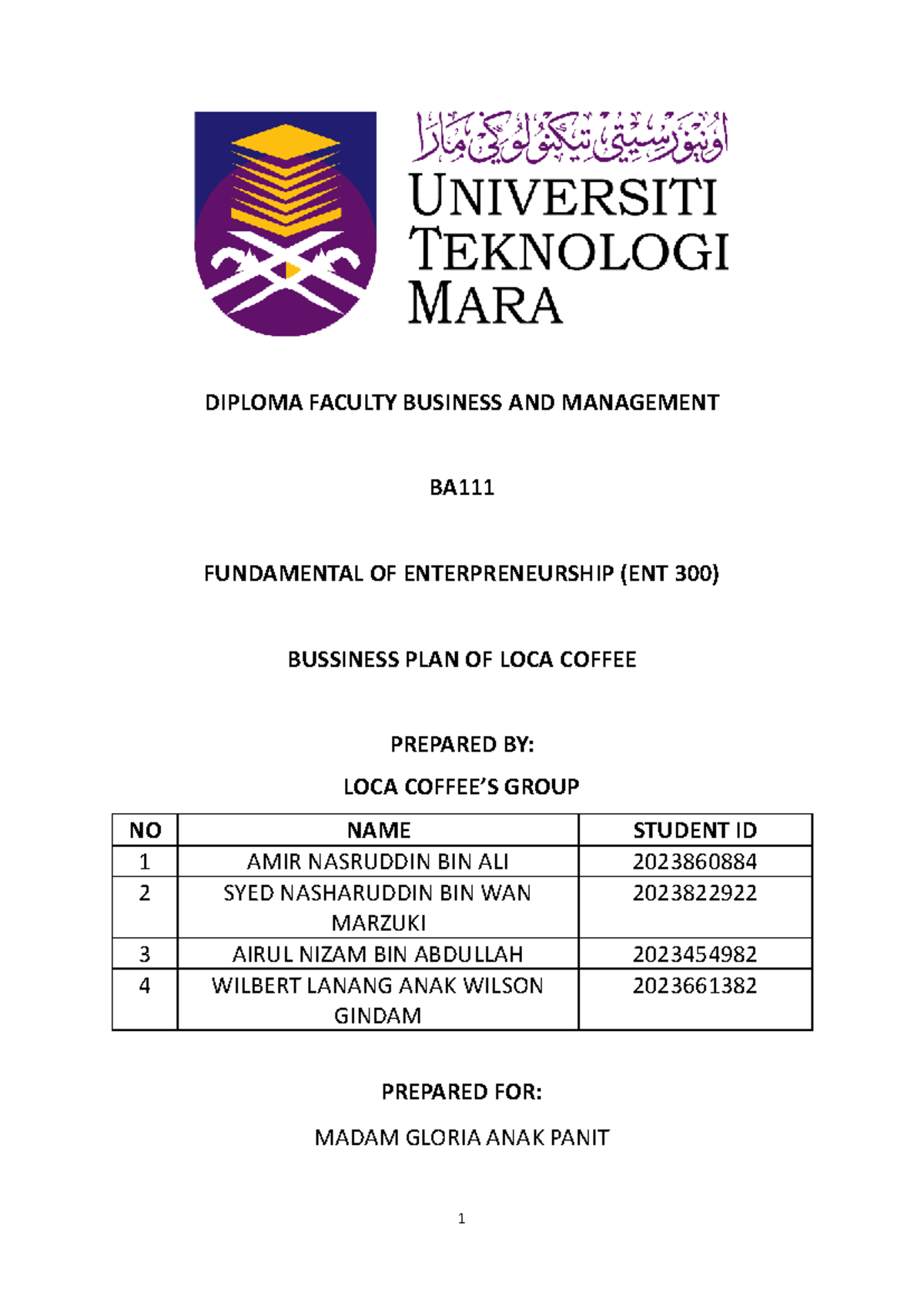 ENT 300: Business Plan for Loca Coffee by Group 1-4 - Studocu