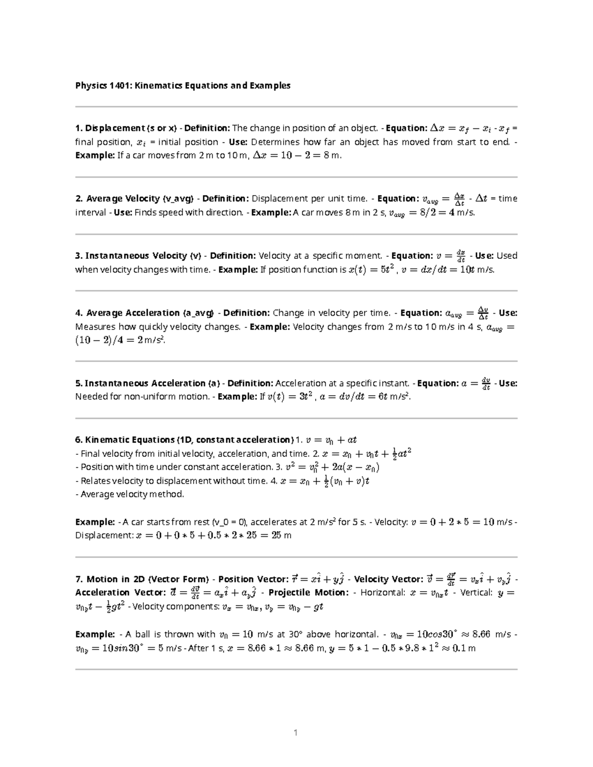 Physics 1401: Kinematics Equations & Examples for Motion Analysis - Studocu