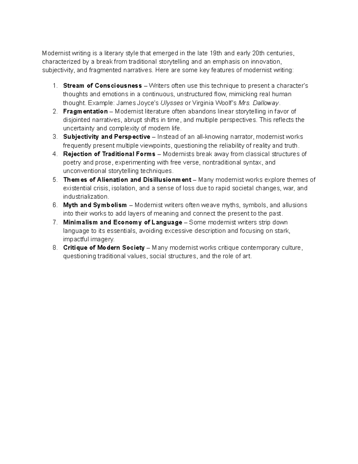 Modernism - Key Features and Vocabulary Overview - Studocu