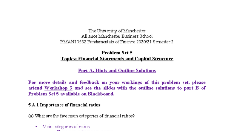 BMAN10552 Semester 2 Finance Problem Set 5 Hints & Solutions - Studocu