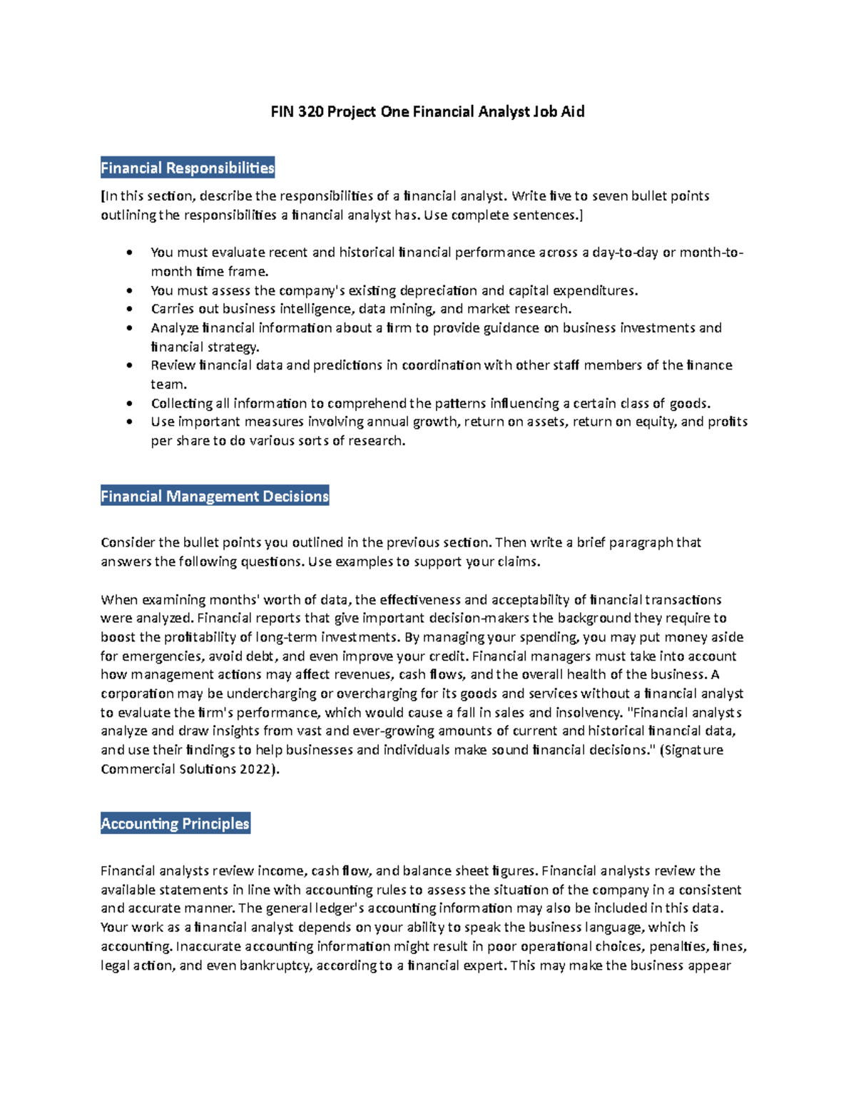 FIN 320 Project One: Essential Job Aid for Financial Analysts - Studocu