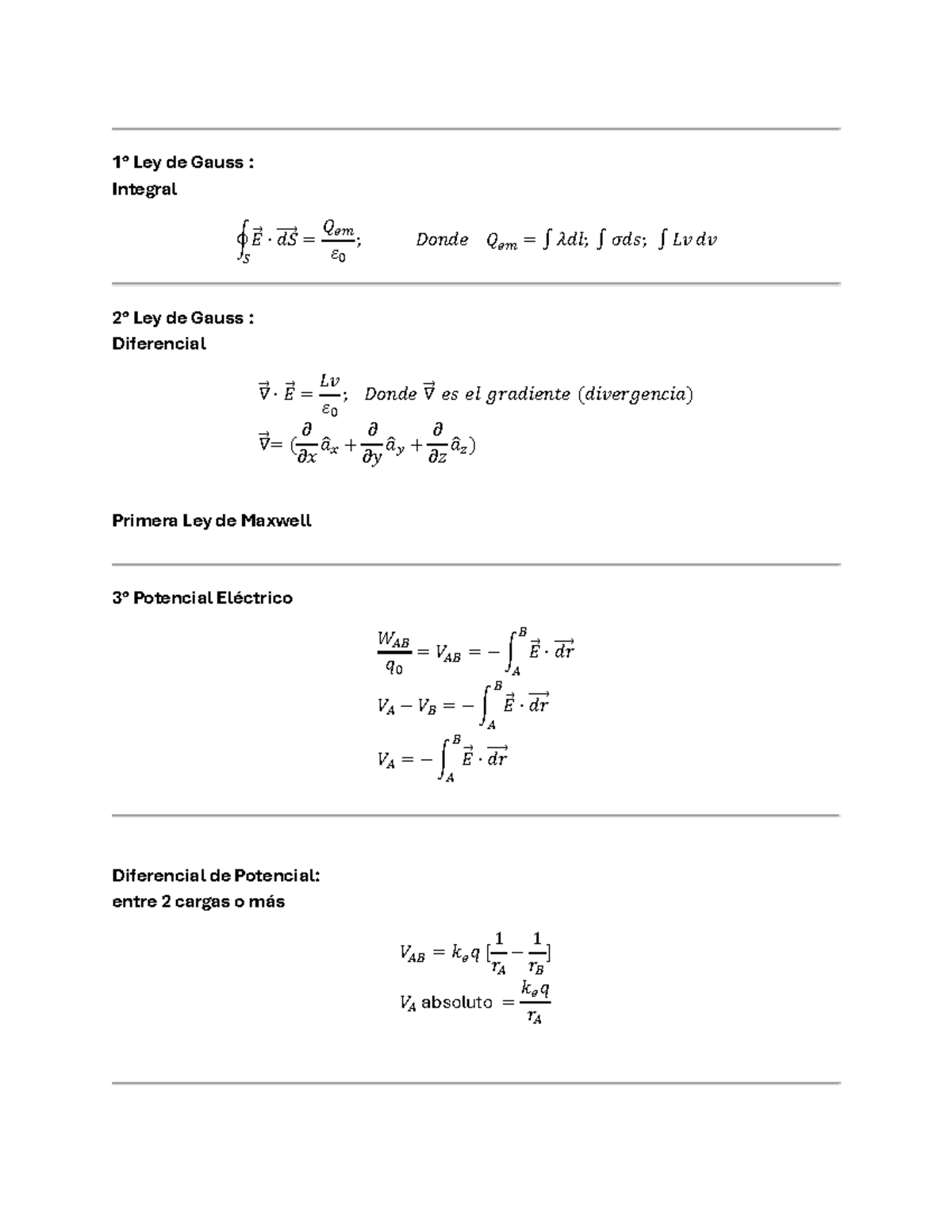 Formulas Parcial #2 Fisica 2: Ley de Gauss y Potencial Eléctrico - Studocu