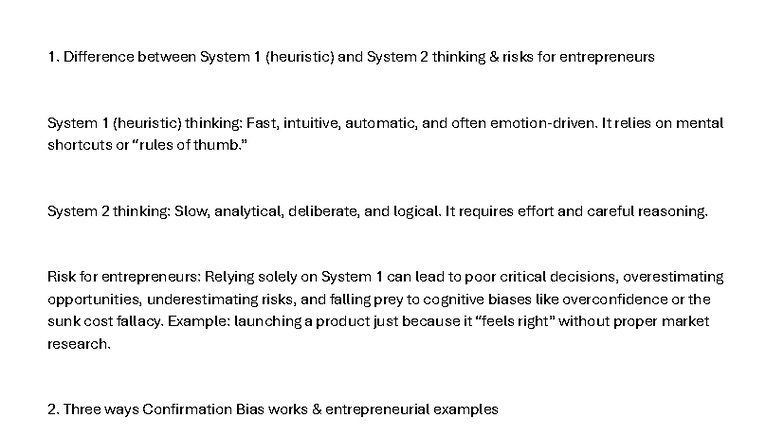 12. Entrepreneurial Thinking Risks: System 1 vs System 2 Analysis - Studocu