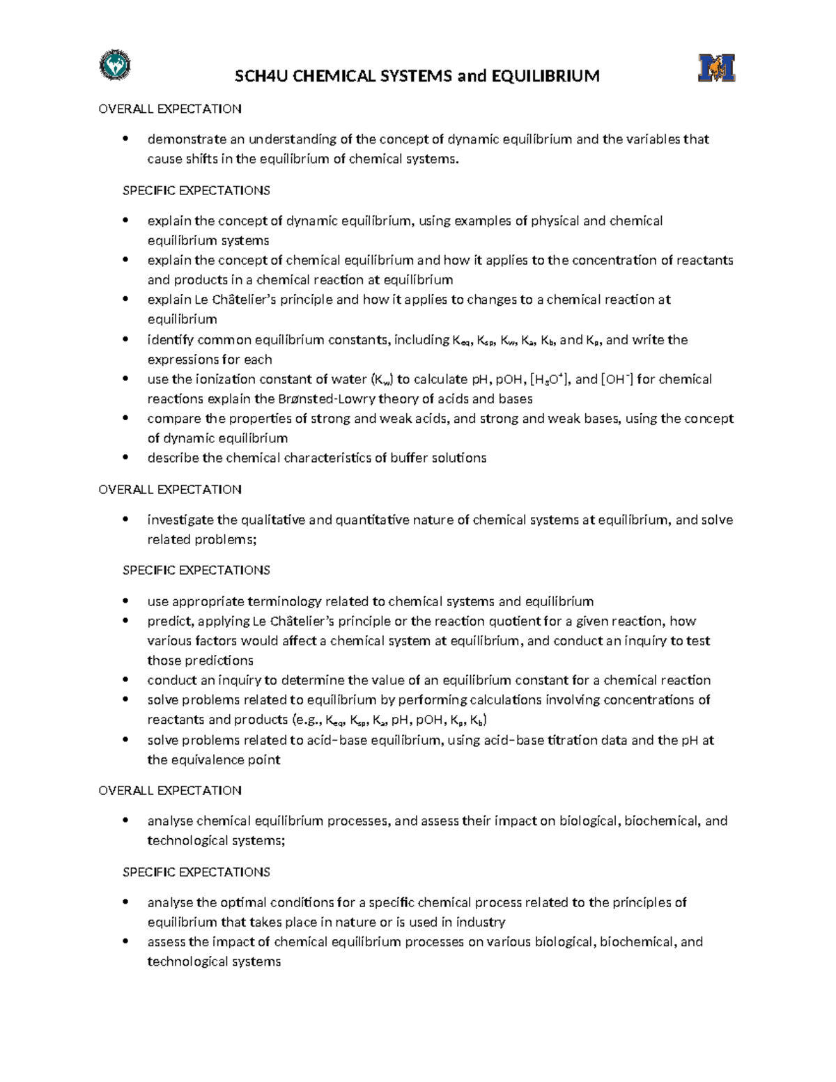 SCH4U Chemical Systems & Equilibrium Learning Goals Overview - Studocu
