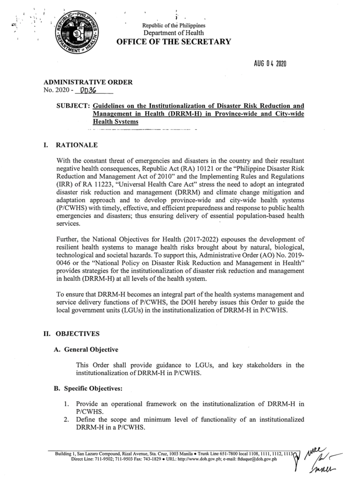 Institutionalization of DRRM in Health: DOH Admin Order No. 2020-0036 ...