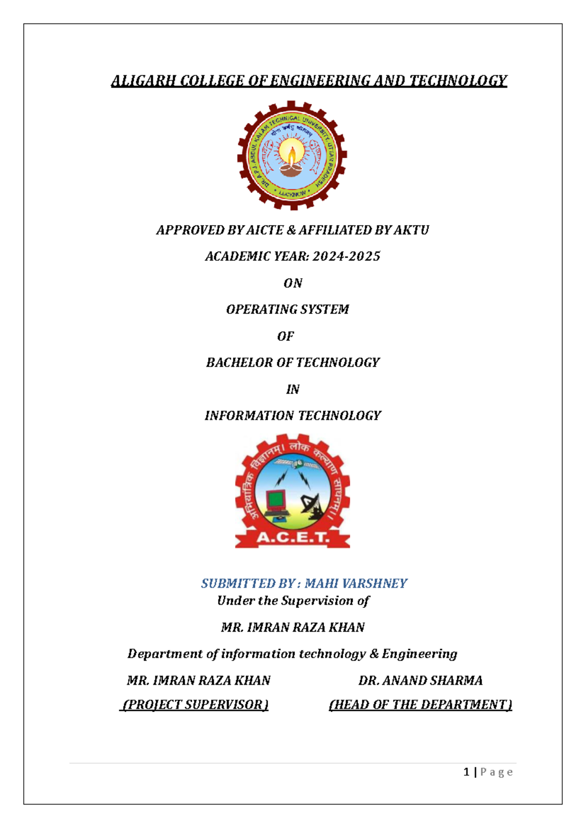 B.Tech IT Project: Operating System Concepts and Algorithms - Studocu
