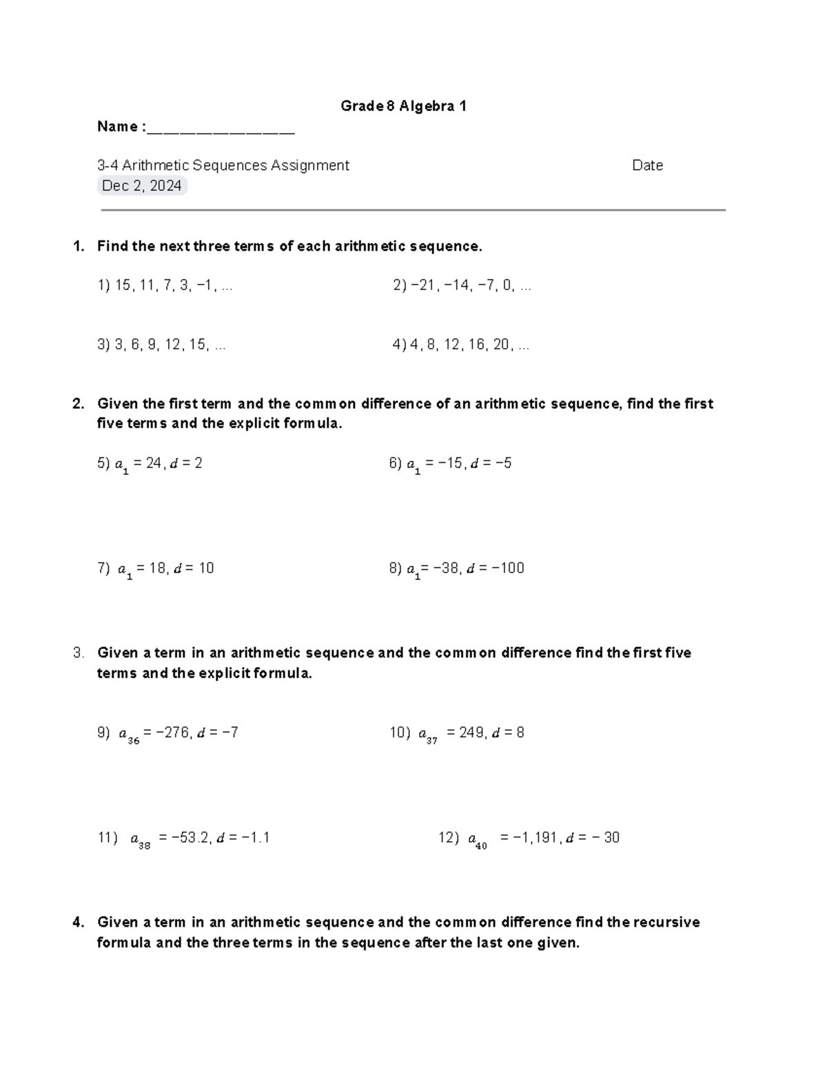 G8 Algebra 1 Arithmetic Sequences Assignment - Dec 2, 2024 - Studocu