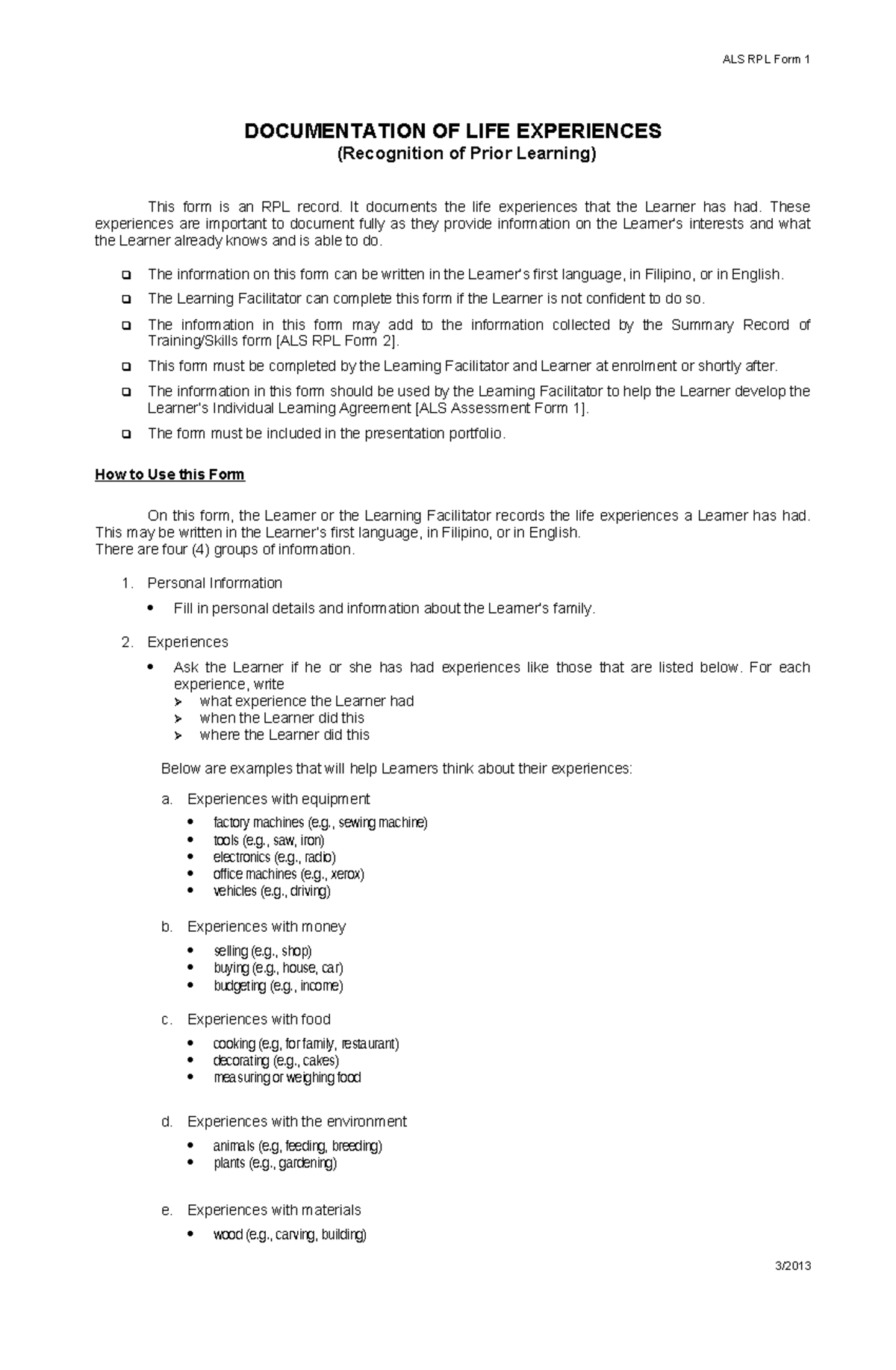 ALS RPL Form 1: Documenting Life Experiences for Learners - Studocu