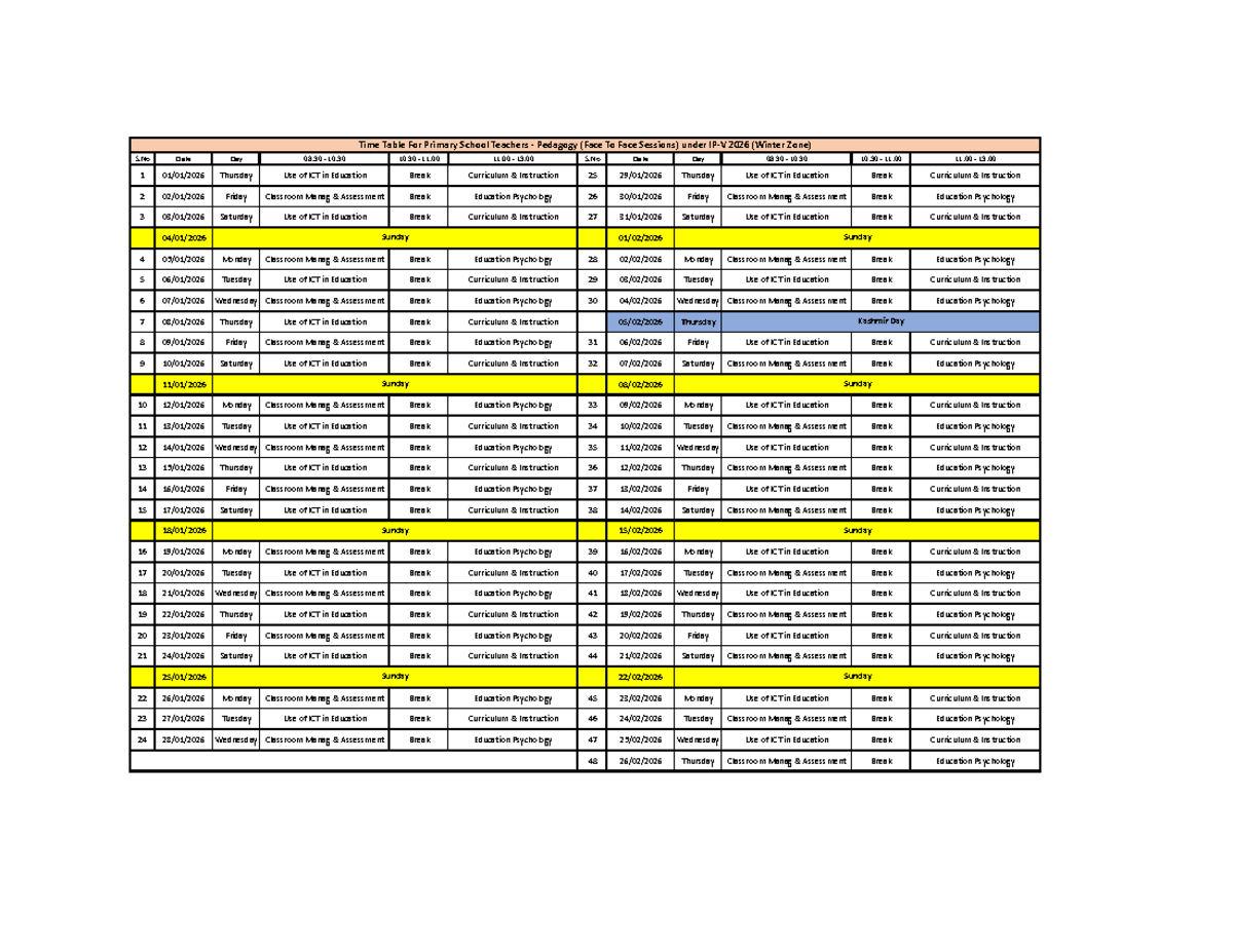PSTs Time Table for Pedagogy IP-V (Winter 2026) - Studocu