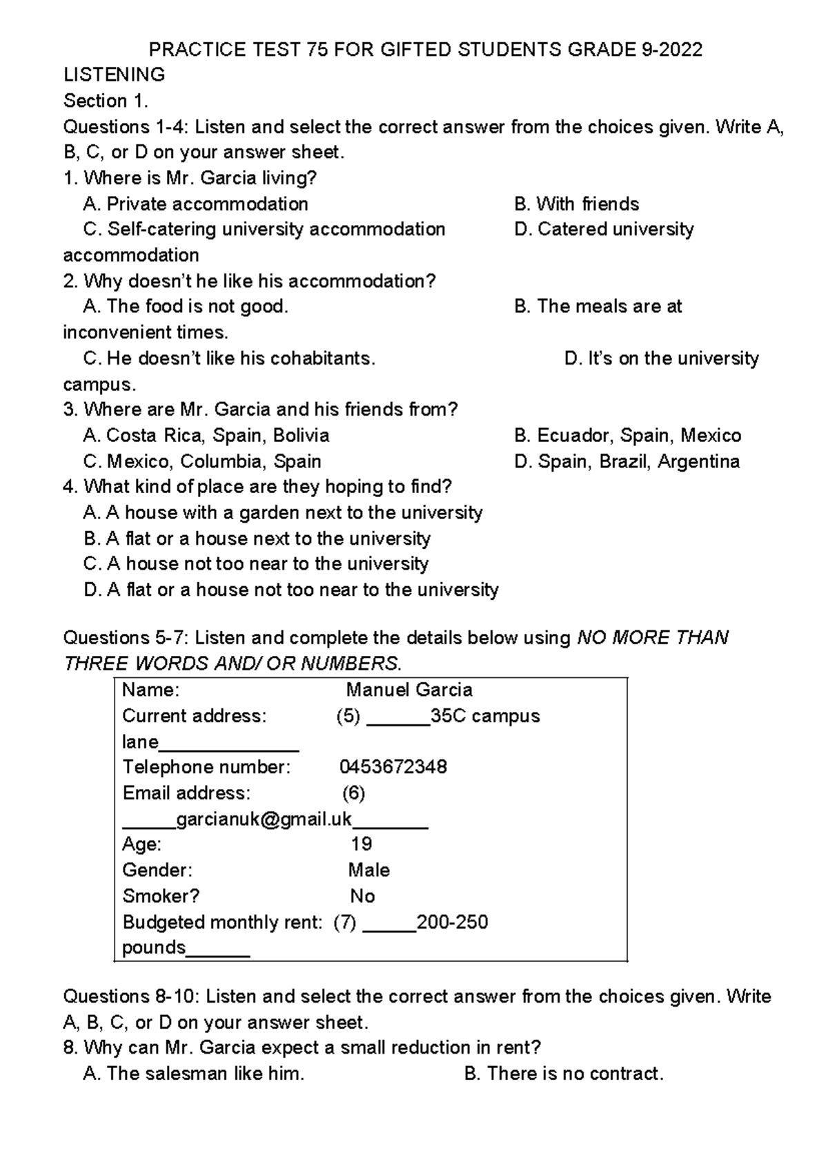 PRACTICE TEST 75 FOR GIFTED STUDENTS GRADE 9 LISTENING SECTION - Studocu