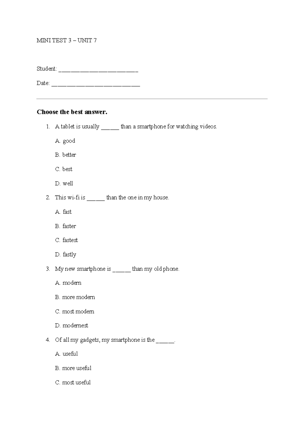 MINI TEST 3 UNIT 7 - Comparative Adjectives Practice - Studocu